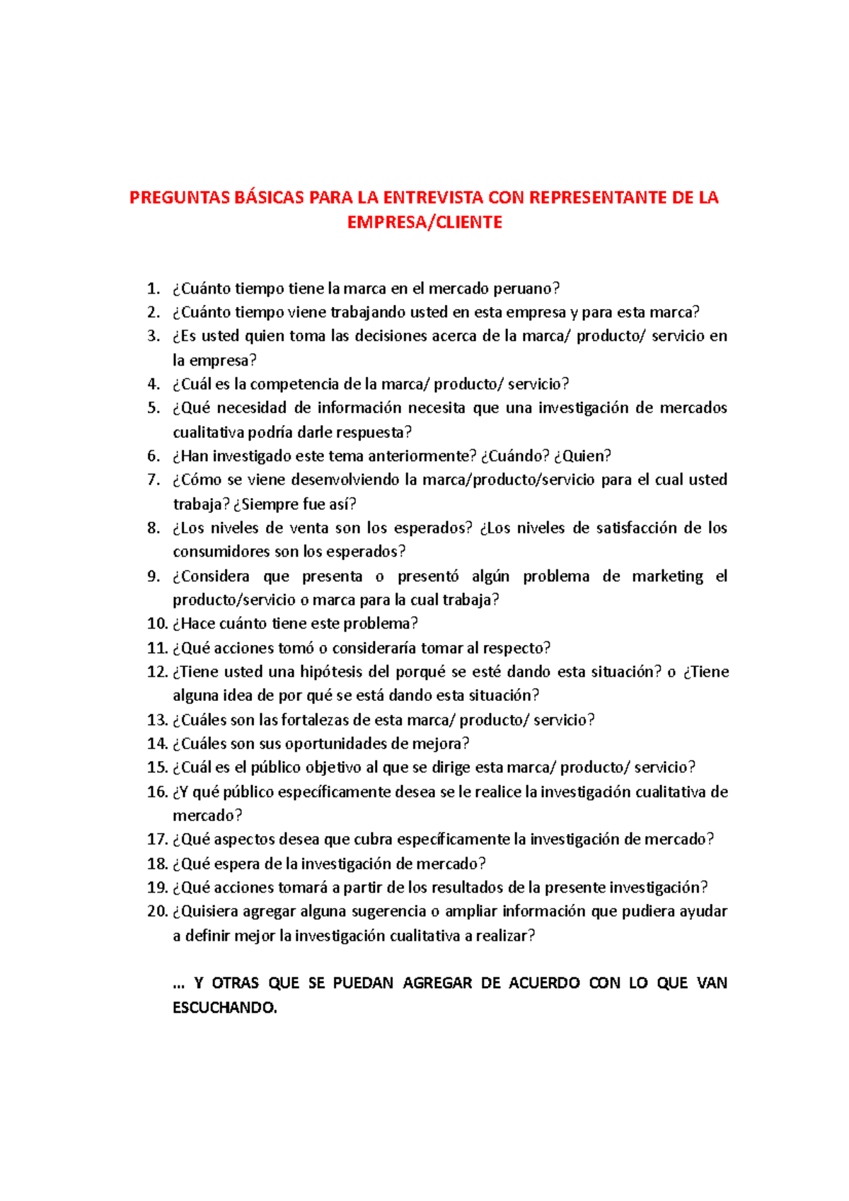 Preguntas Basicas PARA LA Entrevista CON EL Cliente(1) - PREGUNTAS ...