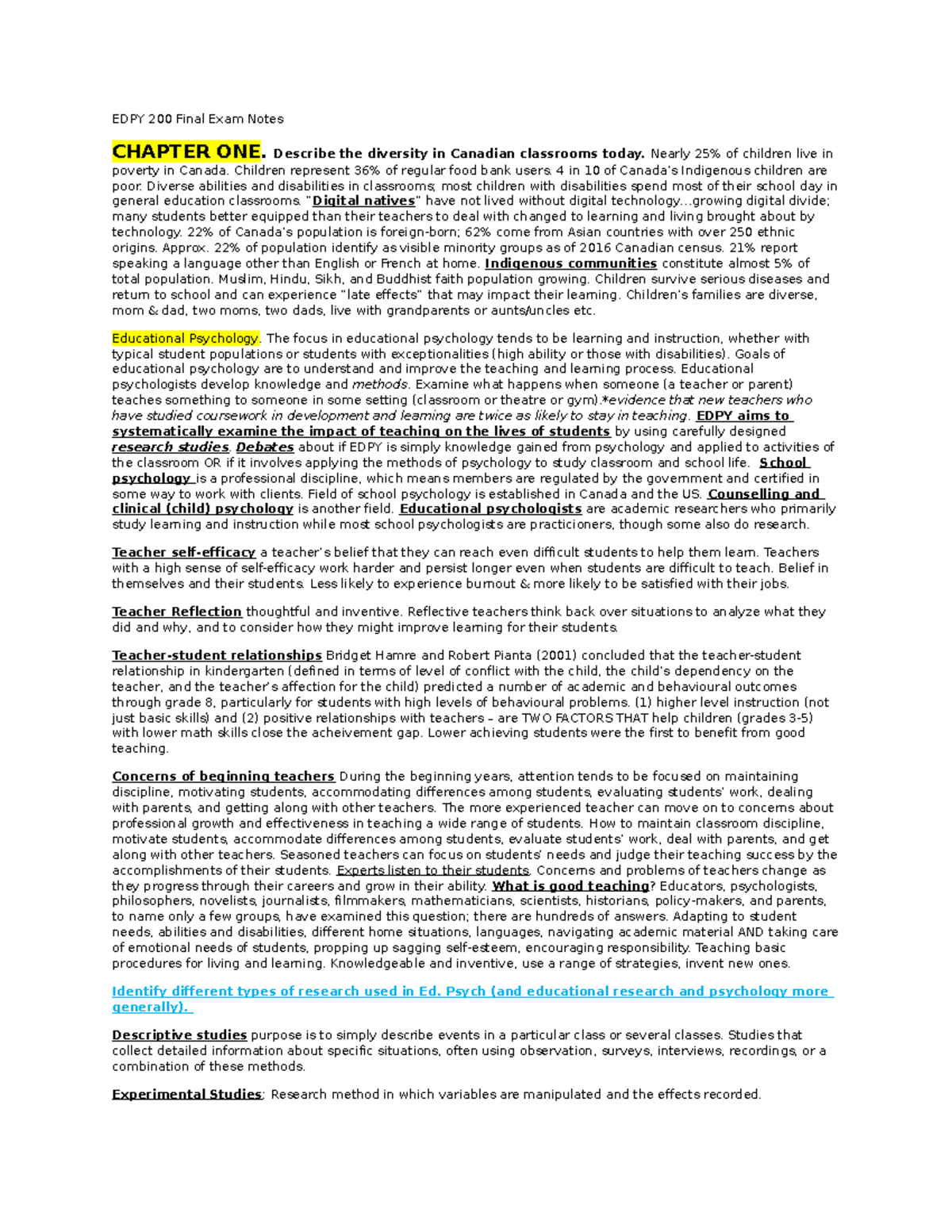 Final Exam Notes Unit 1 - EDPY 200 Final Exam Notes CHAPTER ONE ...