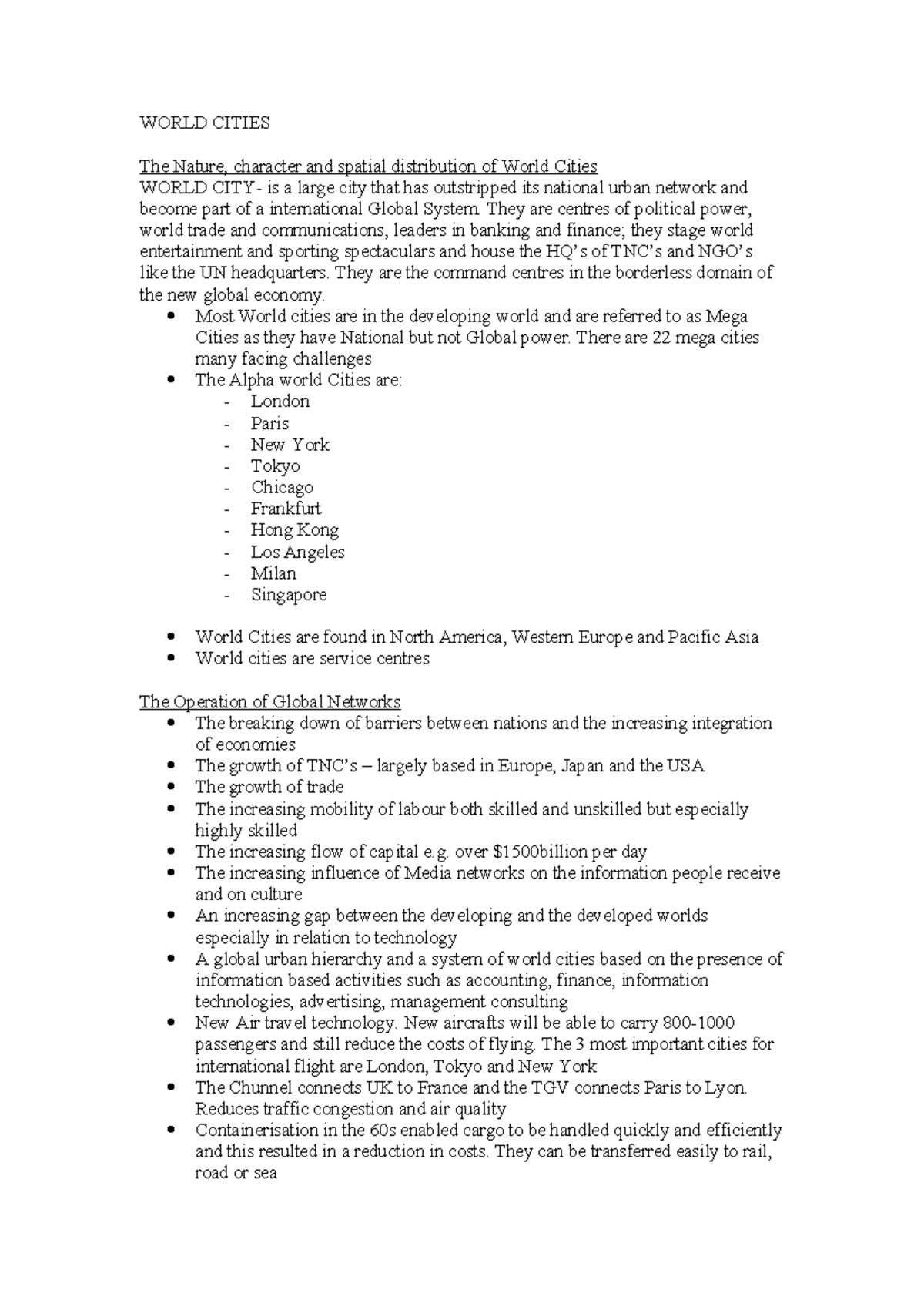 Geography Notes - World Cities - WORLD CITIES The Nature, character and ...