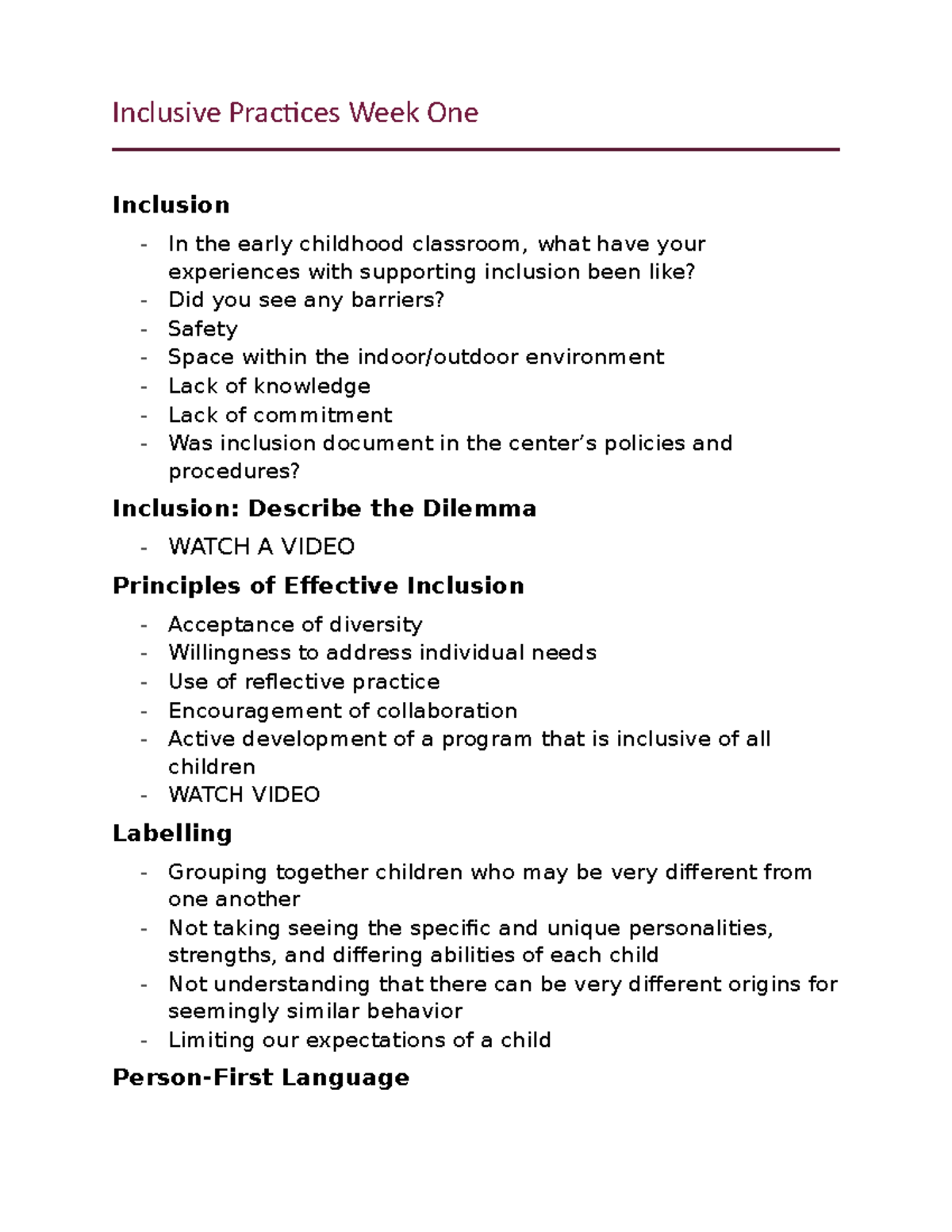 Inclusive Practices Week One - ECE 315 - St. Clair College - Studocu