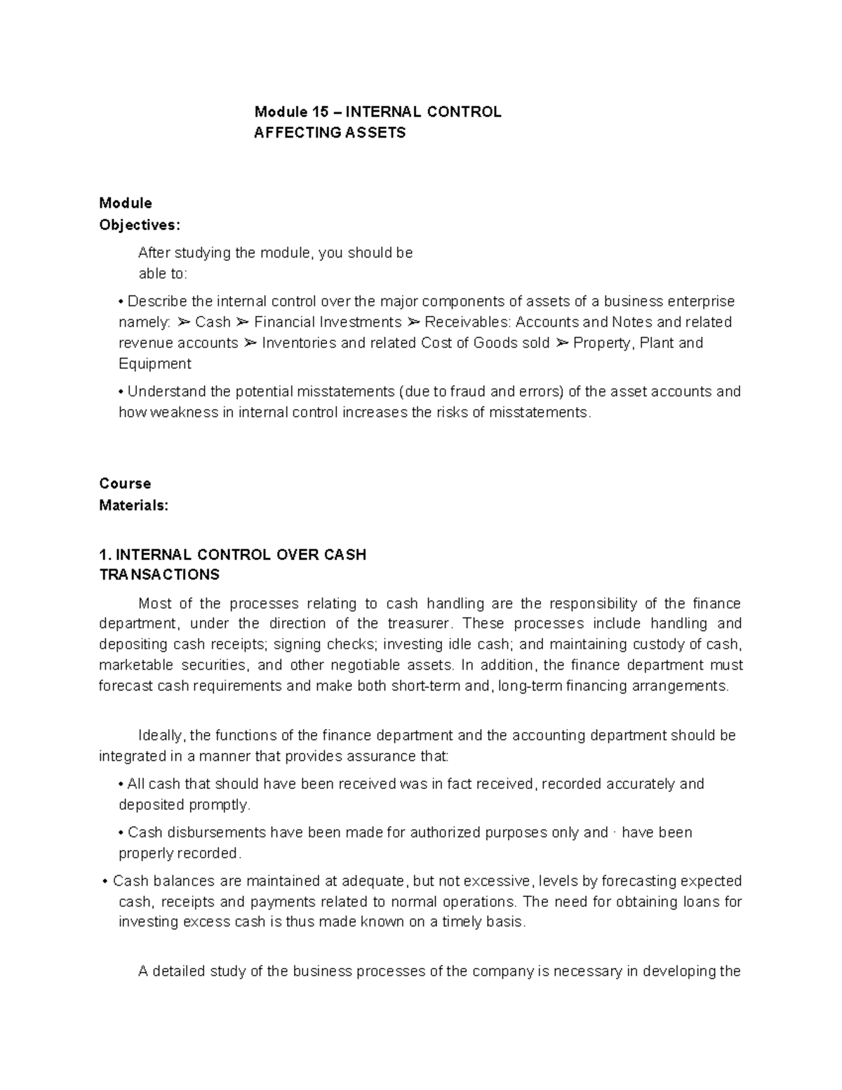 Internal Control Affecting Assets - Module 15 – INTERNAL CONTROL AFFECTING ASSETS Module ...