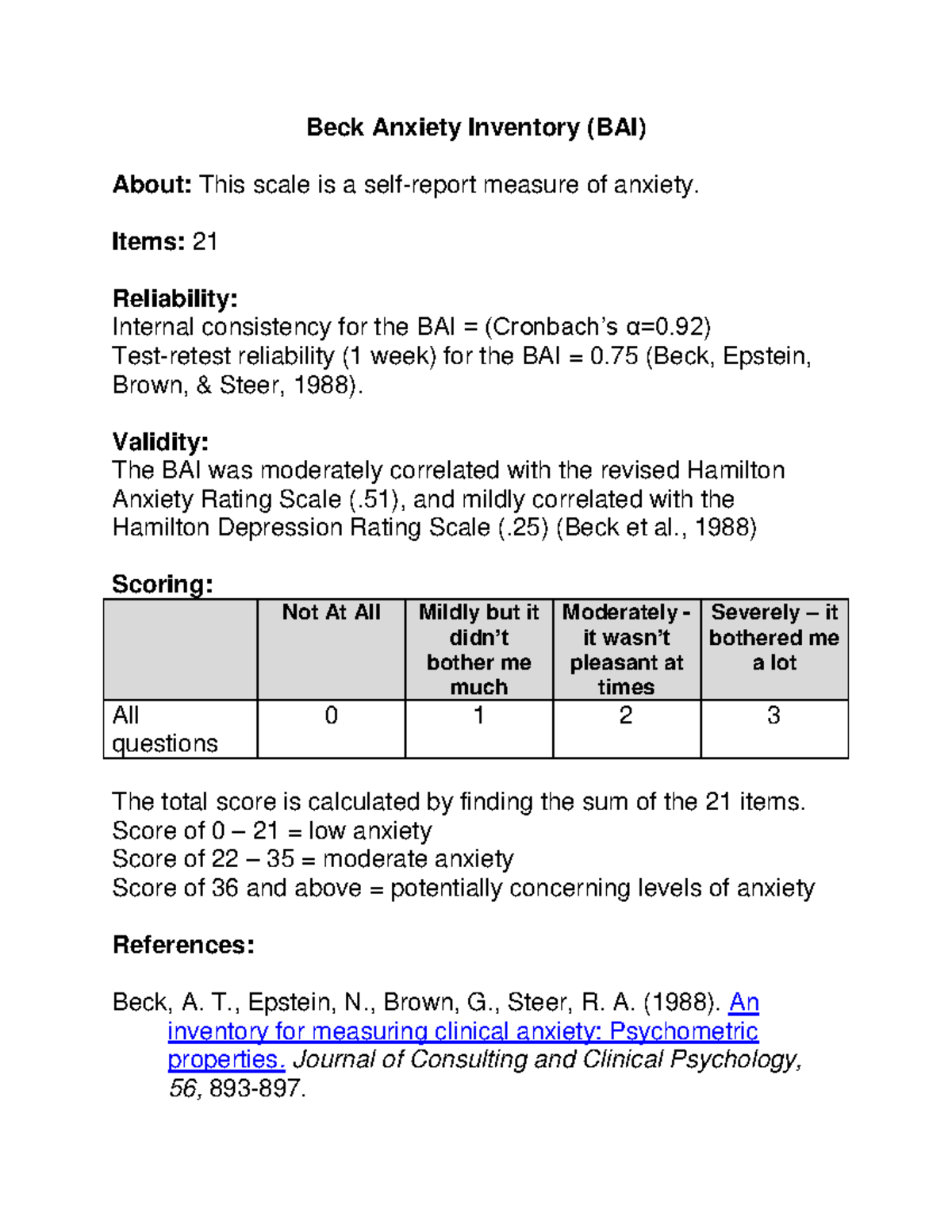 Beck-anxiety-inventory - Beck Anxiety Inventory (BAI) About: This scale is a self-report measure ...