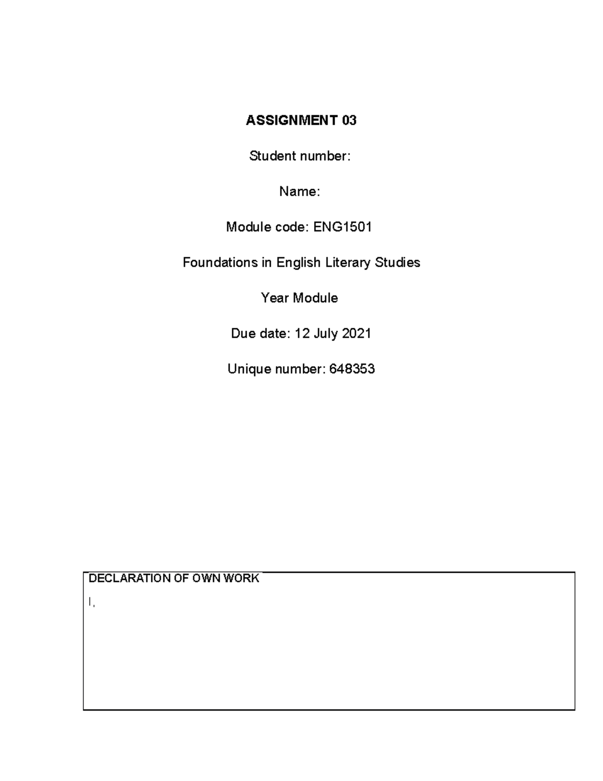 Assignemnet 3 upload - assignment - ASSIGNMENT 03 Student number: Name: Module code: ENG ...