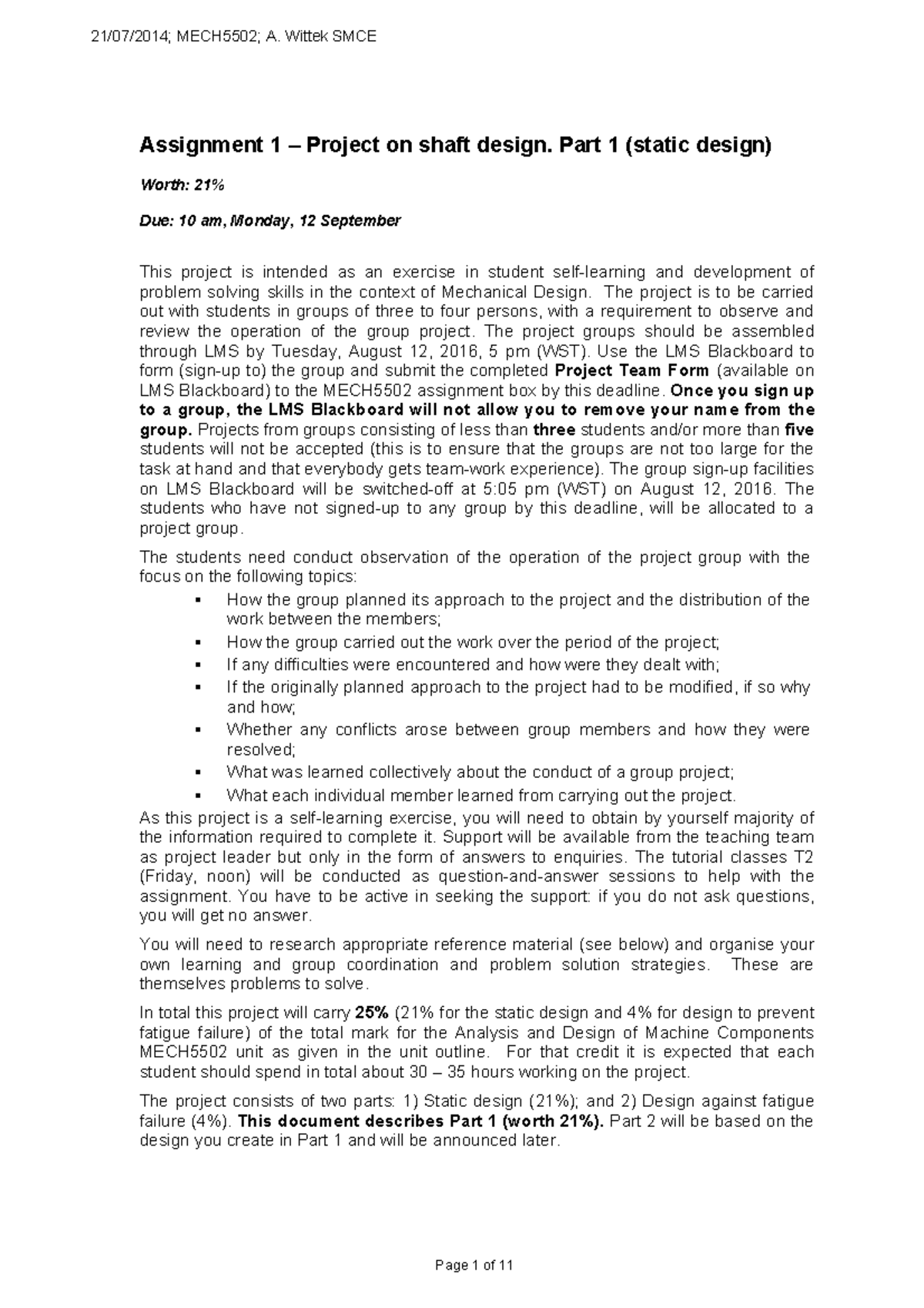 Assignment 1 – Project on shaft design. Part 1 - A. Wittek SMCE ...