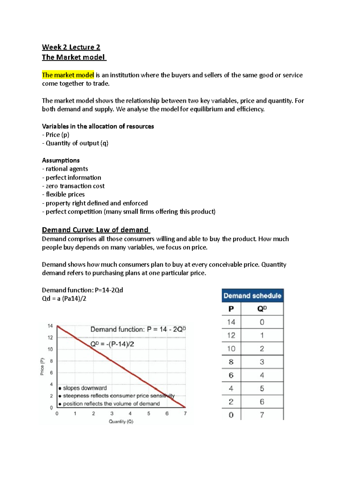 Week 2 Lecture 2 Prices and Markets - Week 2 Lecture 2 The Market model The market model is an ...