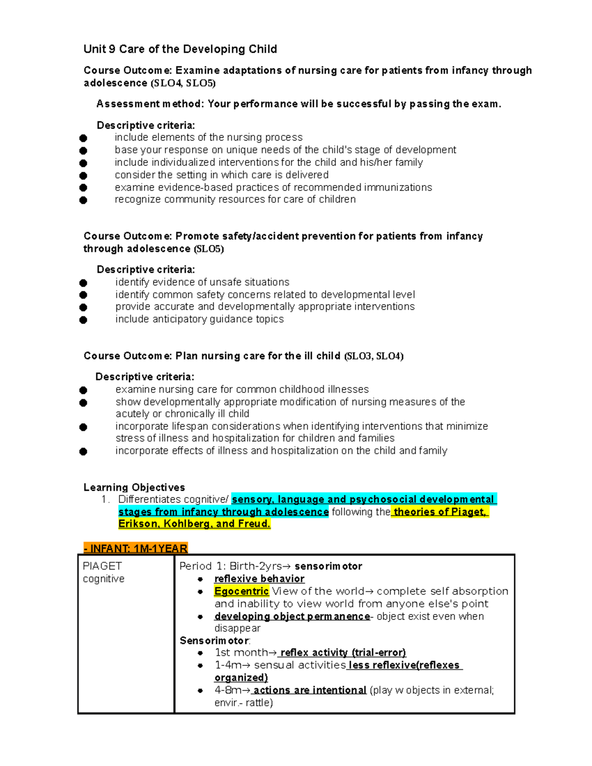 Unit 9 Peds - Developing Child(1) - Unit 9 Care of the Developing Child ...