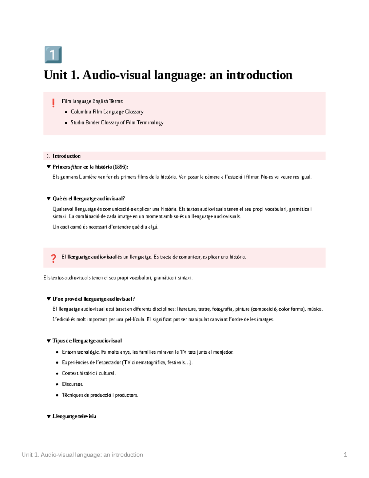 Tema 1 - ° Unit 1. Audio-visual language: an introduction Film language English Terms: Columbia ...