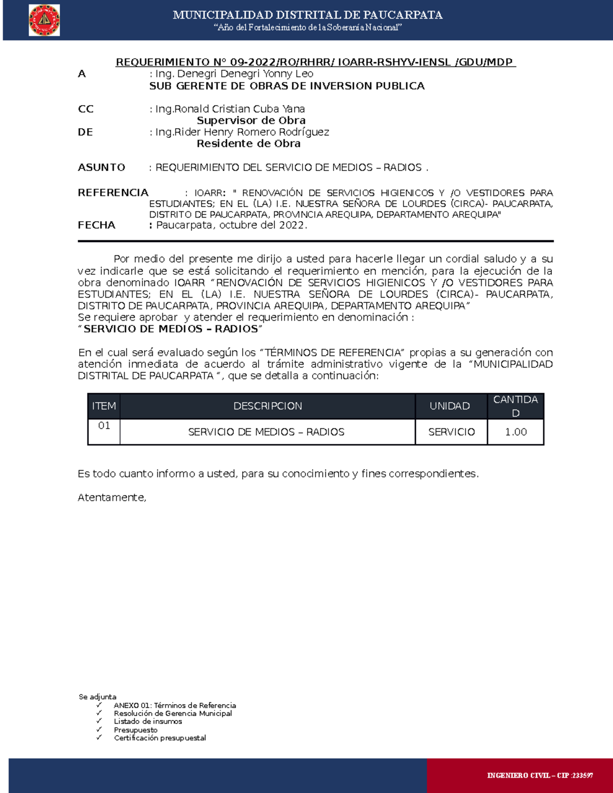 Reque 09-22- Servicio DE Medios- Radios - REQUERIMIENTO N° 09-2022/RO ...