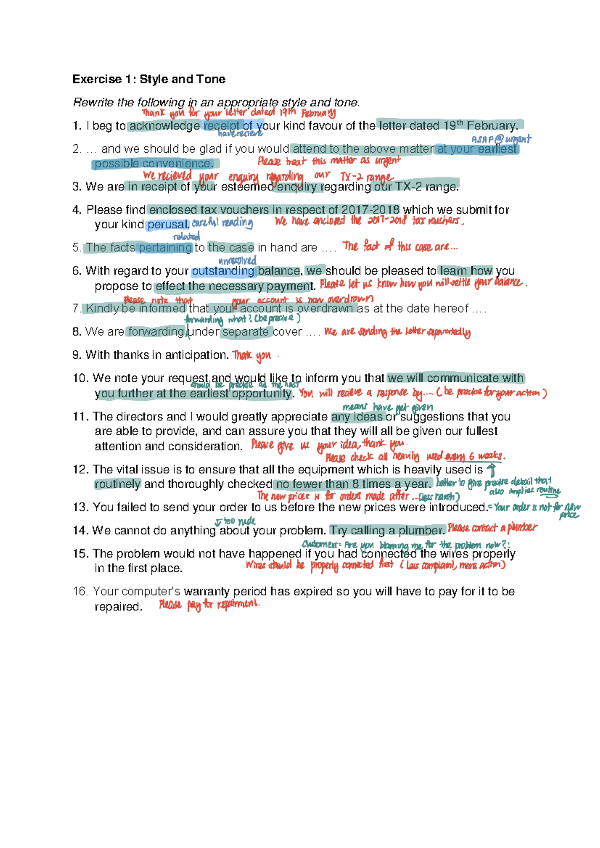 Exercise 1-Style Tone - Exercise 1: Style and Tone Rewrite the ...