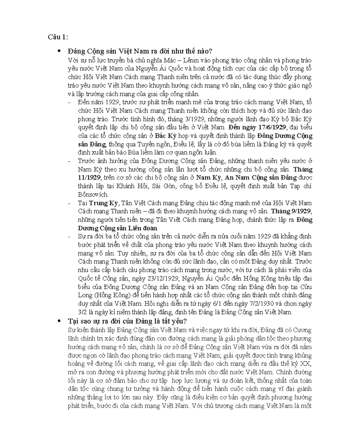 Giữa kì Lịch Sử đảng - TN DCSVN - Câu 1: Đảng Cộng sản Việt Nam ra đời ...