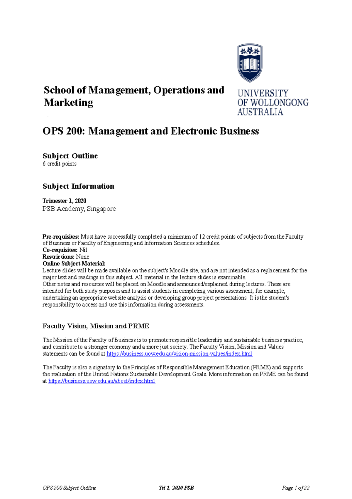 PSB Tri 1 2020 OPS 200 Subject Outline - School of Management ...