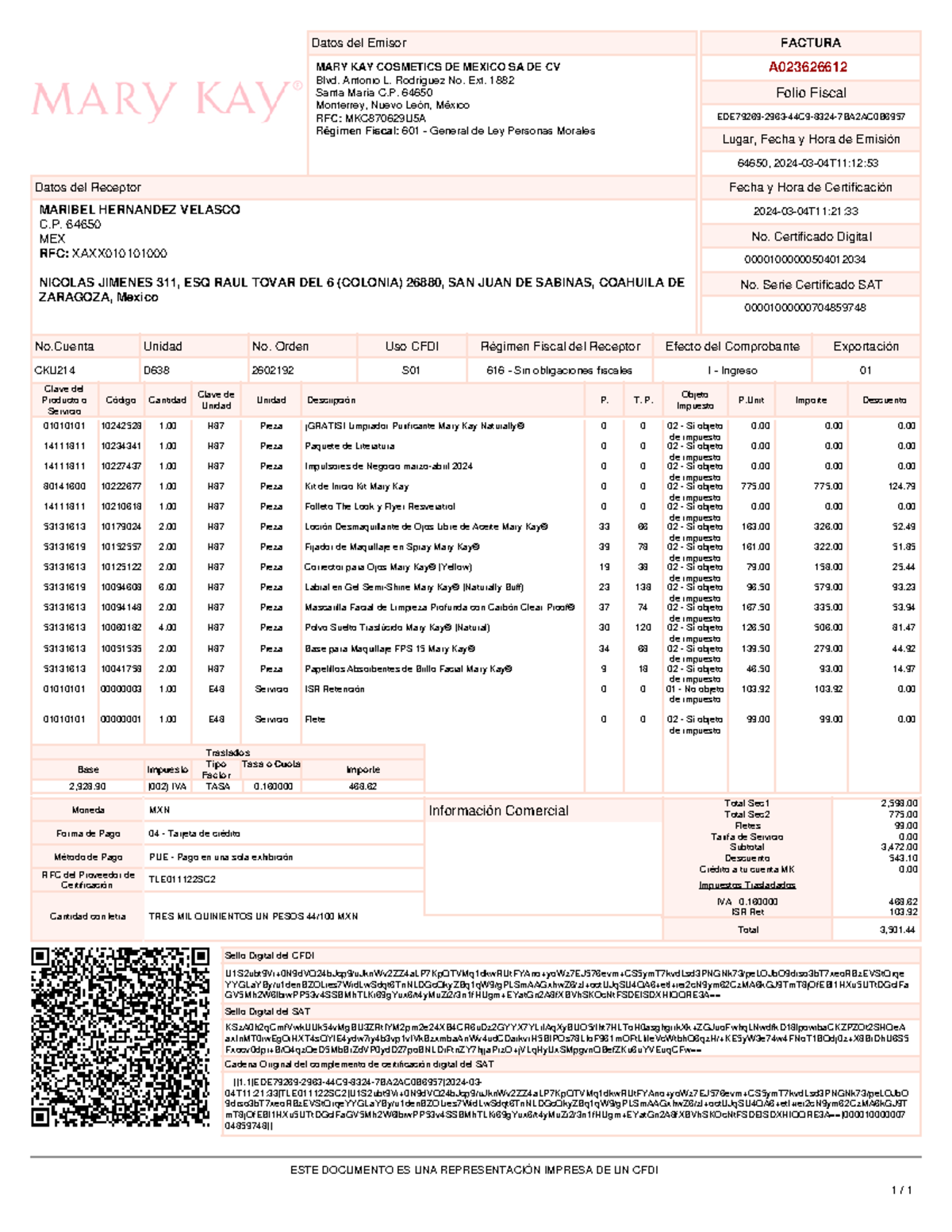 Order No 2602192 invoice 023626612 - Datos del Emisor MARY KAY COSMETICS DE MEXICO SA DE CV Blvd ...