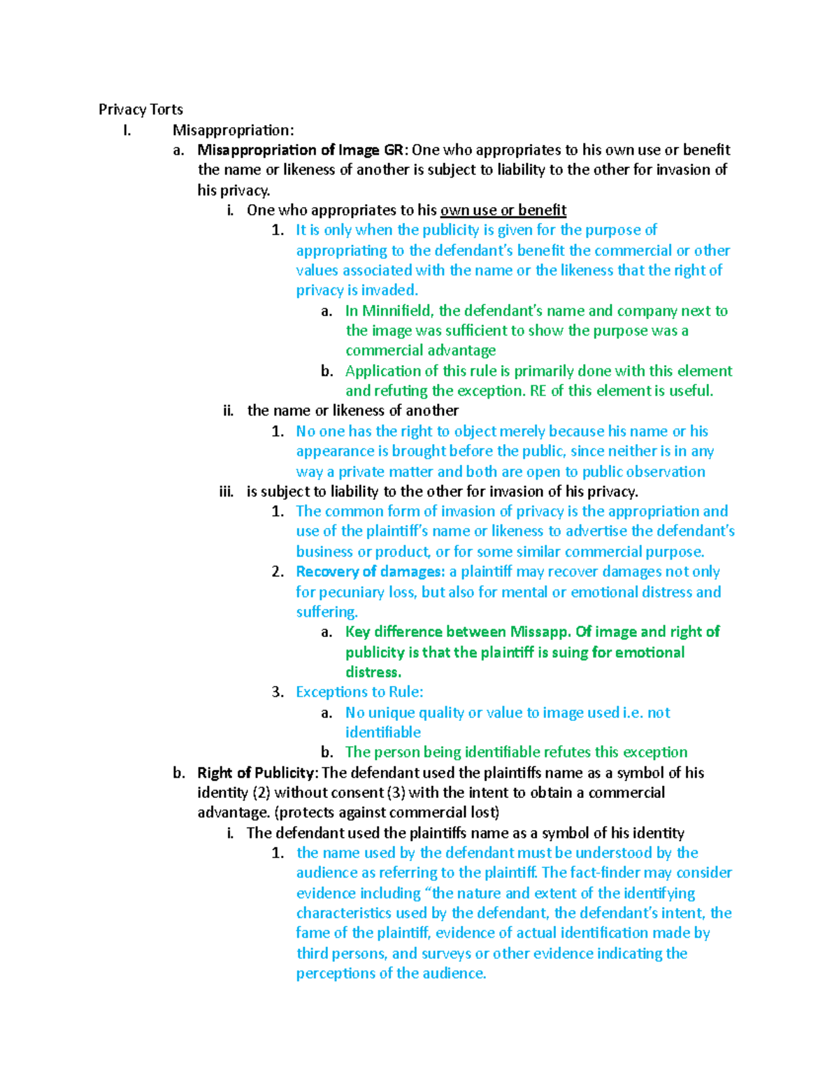 Privacy Torts OL - Privacy Torts I. Misappropriation: a ...