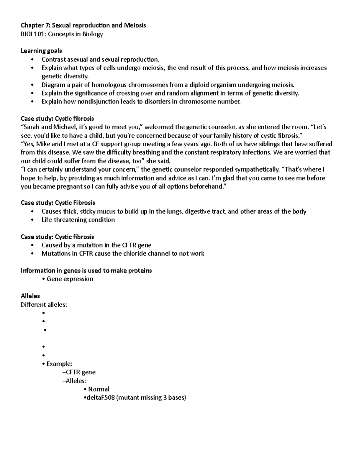 BIOL101 Chapter 7 Notes - Chapter 7: Sexual reproduction and Meiosis ...