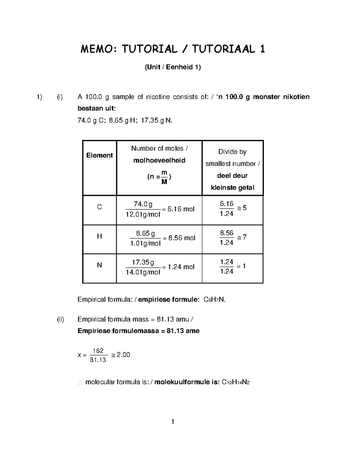Tutorials Memo Tutorial 1 Memo Tutorial Tutoriaal 1 Unit Eenheid 1 I A 100 G Sample 0939