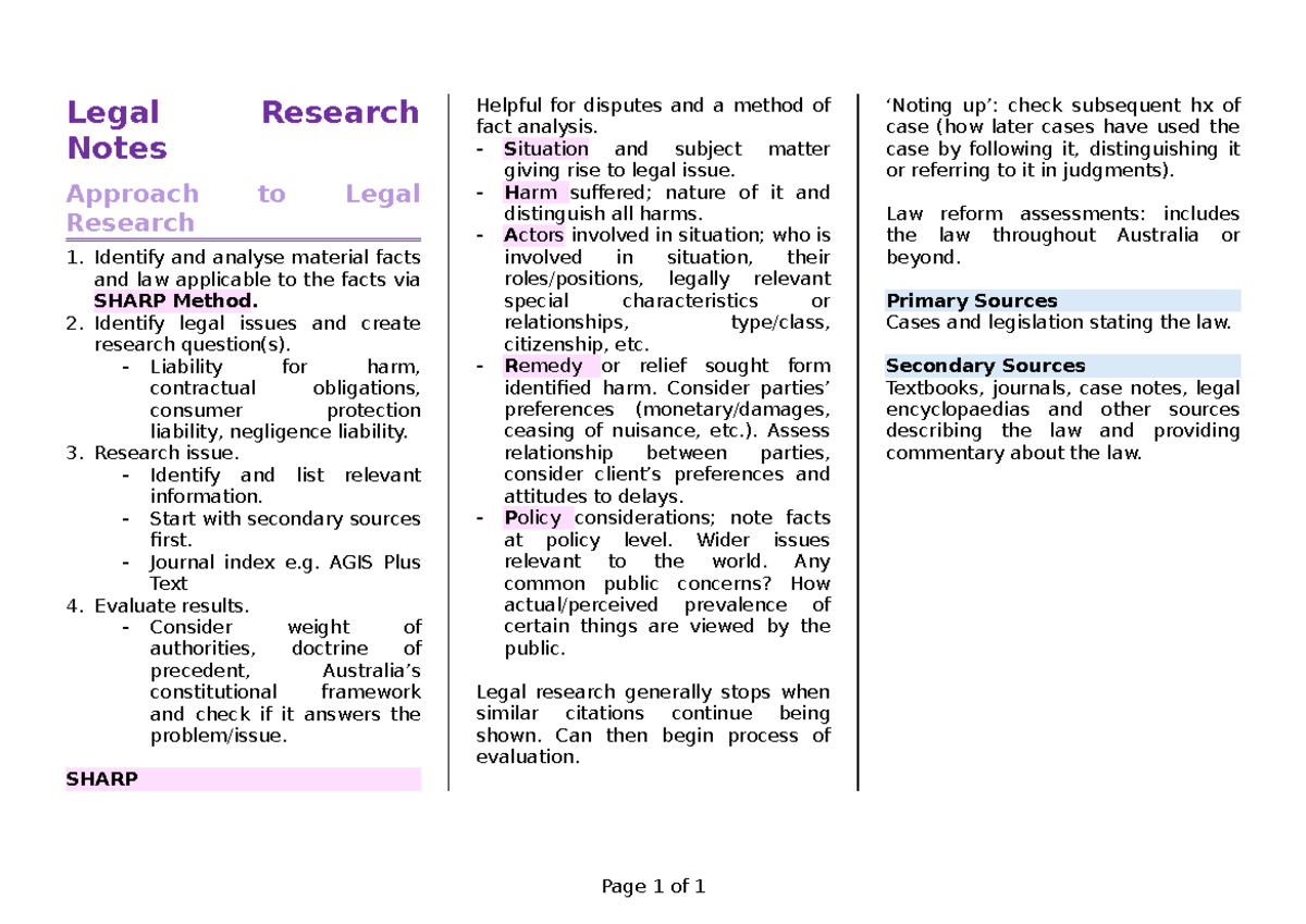 Legal Research Notes - Legal Research Notes Approach to Legal Research ...
