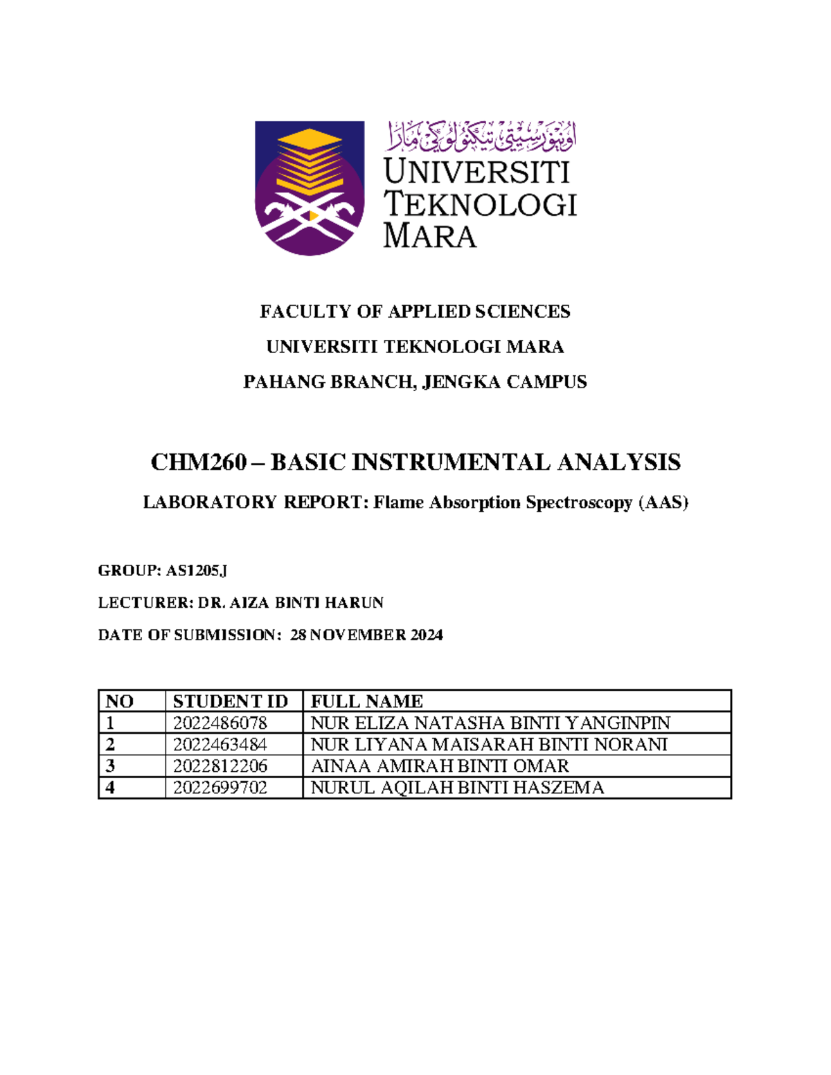 EXP AAS CHM260 - LAB REPORT - FACULTY OF APPLIED SCIENCES UNIVERSITI ...