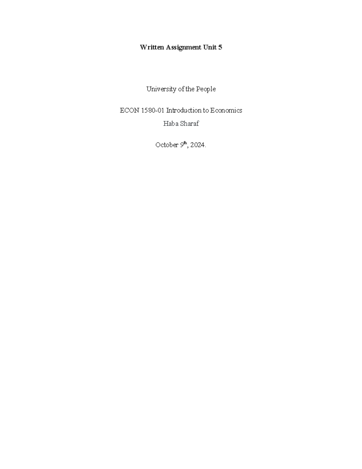 Written Assignment Unit 5 - ECON 1580 - Studocu