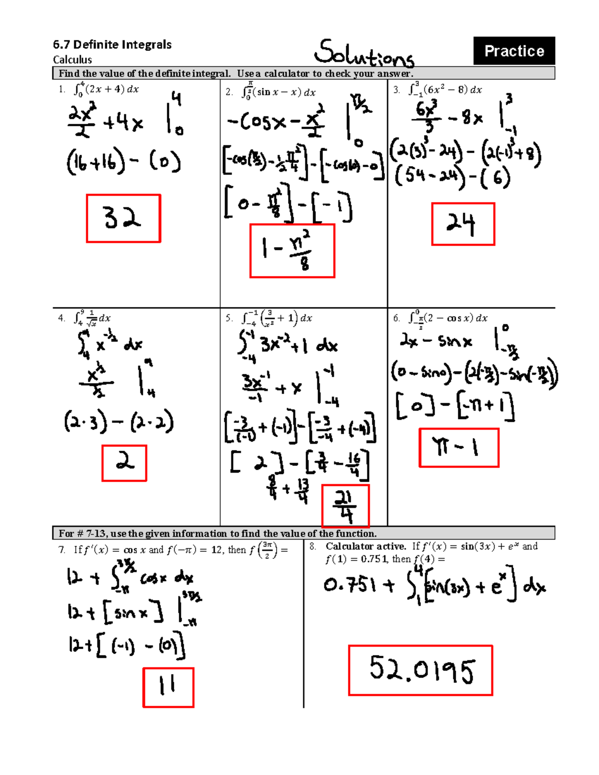 Calc 6 - this - 6 Definite Integrals Calculus Find the value of the ...