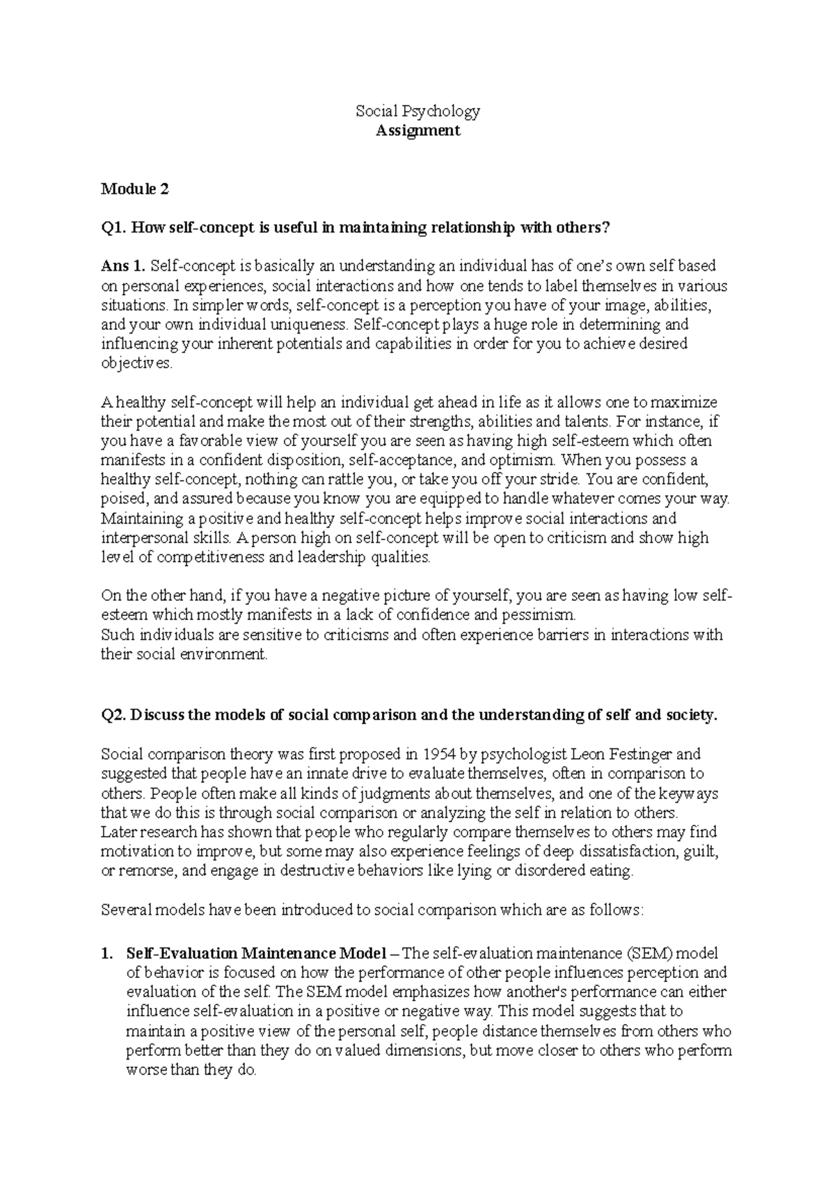 PSYC151 Mod2 - Social Psychology Assignment Module 2 Q1. How self ...