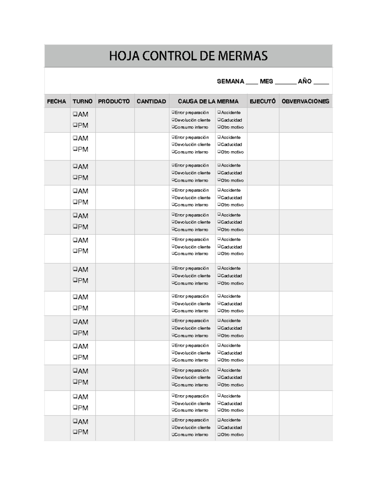 HOJA Control Merma - SEMANA ____ MES _______ AÑO _____ FECHA TURNO ...