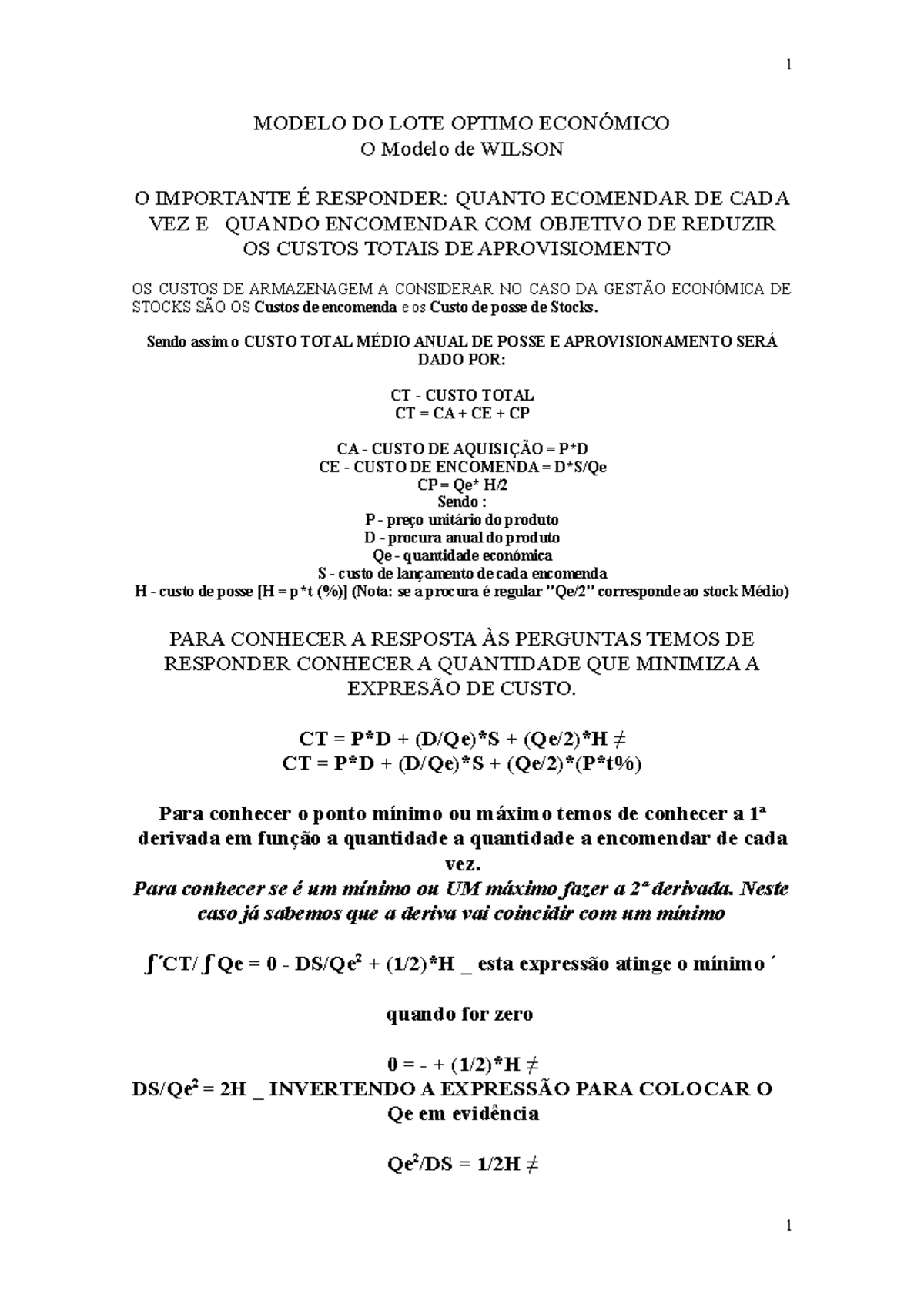 O Modelo de Wilson - 1 MODELO DO LOTE OPTIMO ECONÓMICO O Modelo de ...