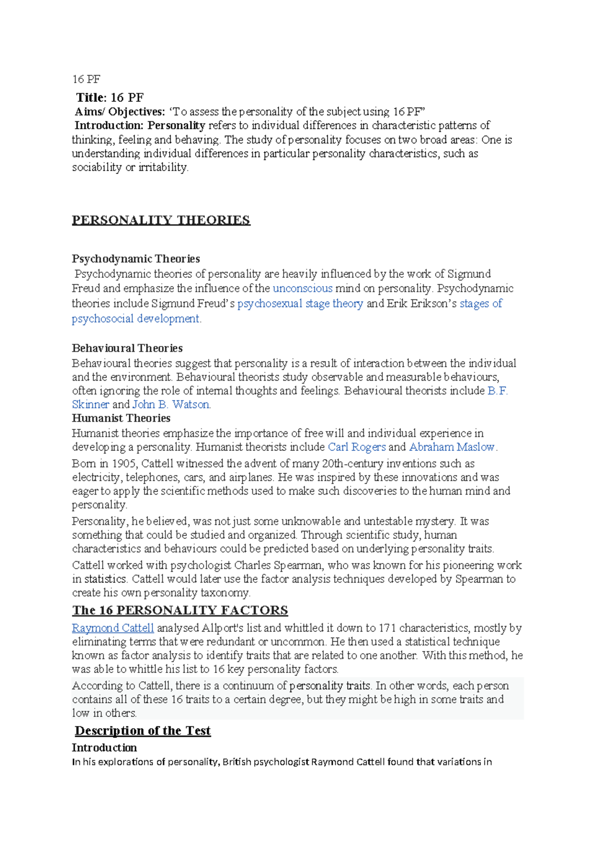 16 PF - 16 pf - 16 PF Title: 16 PF Aims/ Objectives: ‘To assess the ...