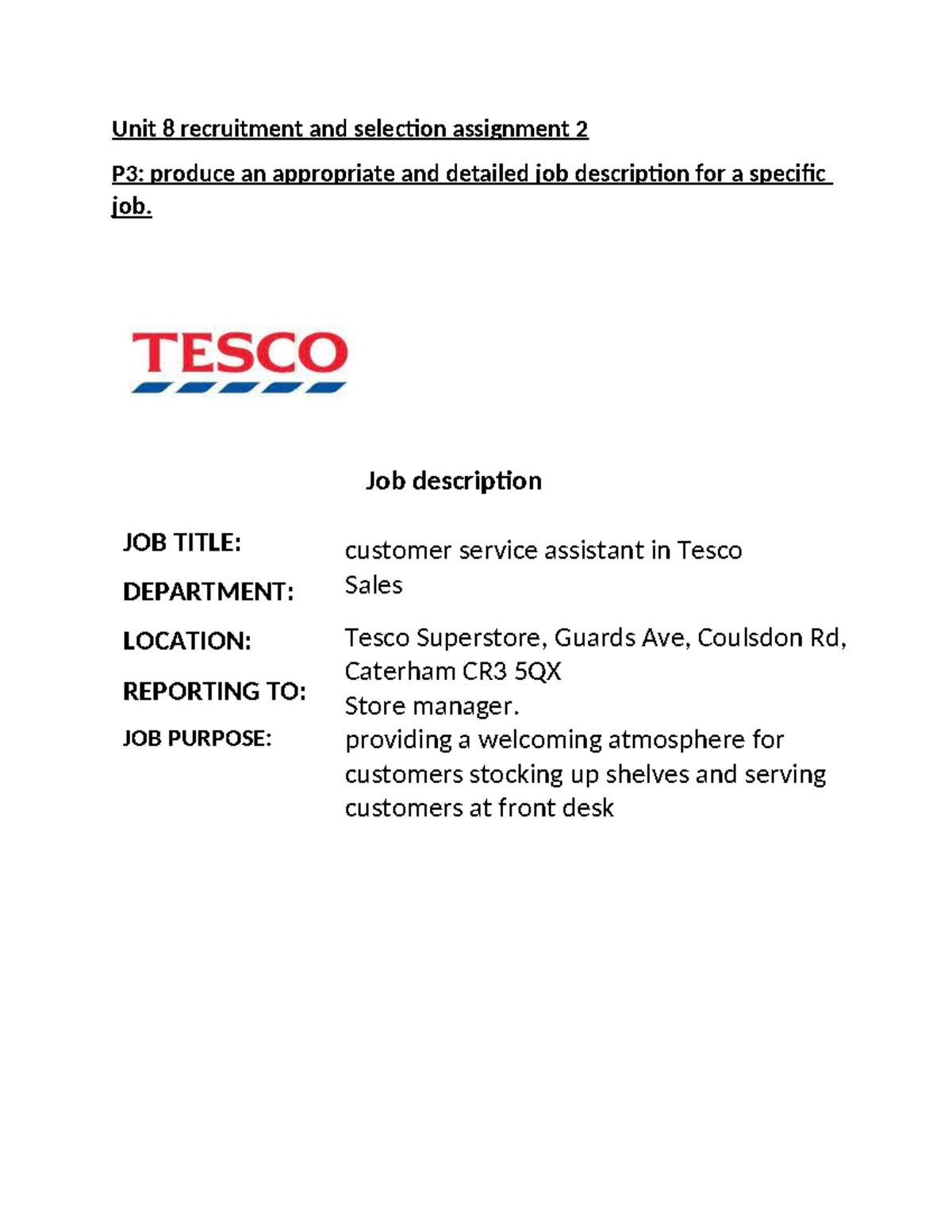 Unit 8 recruitment and selection assignment 2 - BB6202 - Job ...