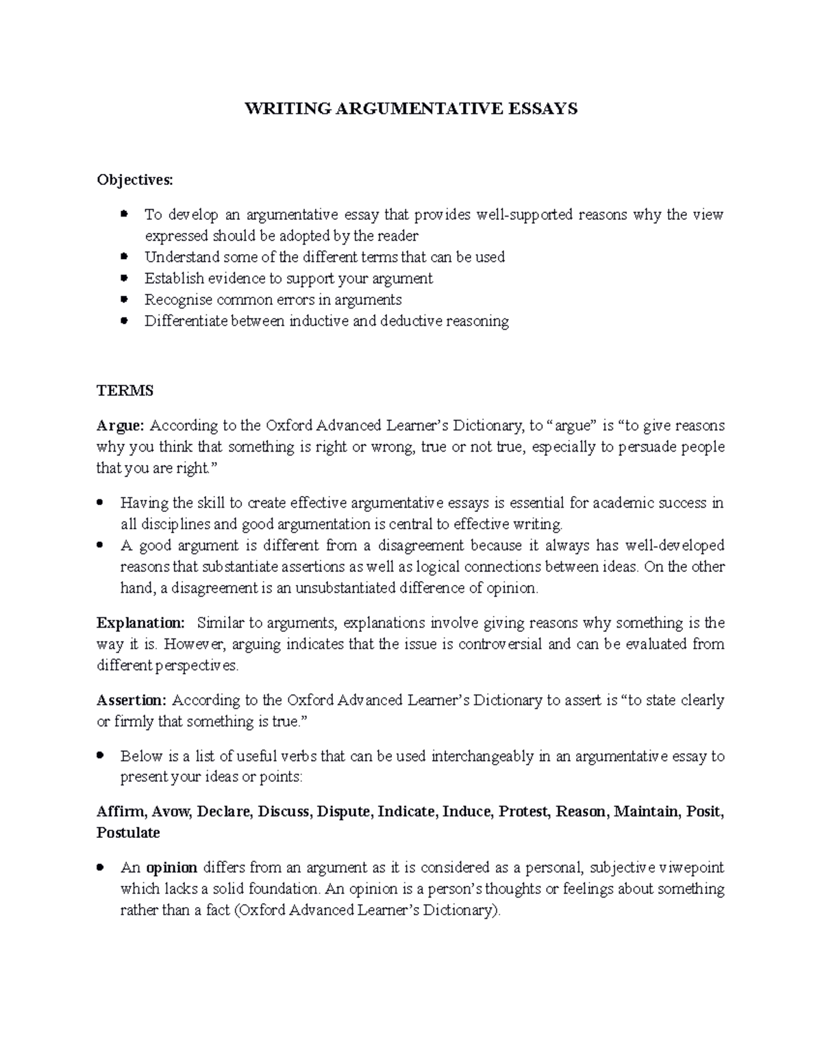 Writing Argumentative Essays - WRITING ARGUMENTATIVE ESSAYS Objectives ...