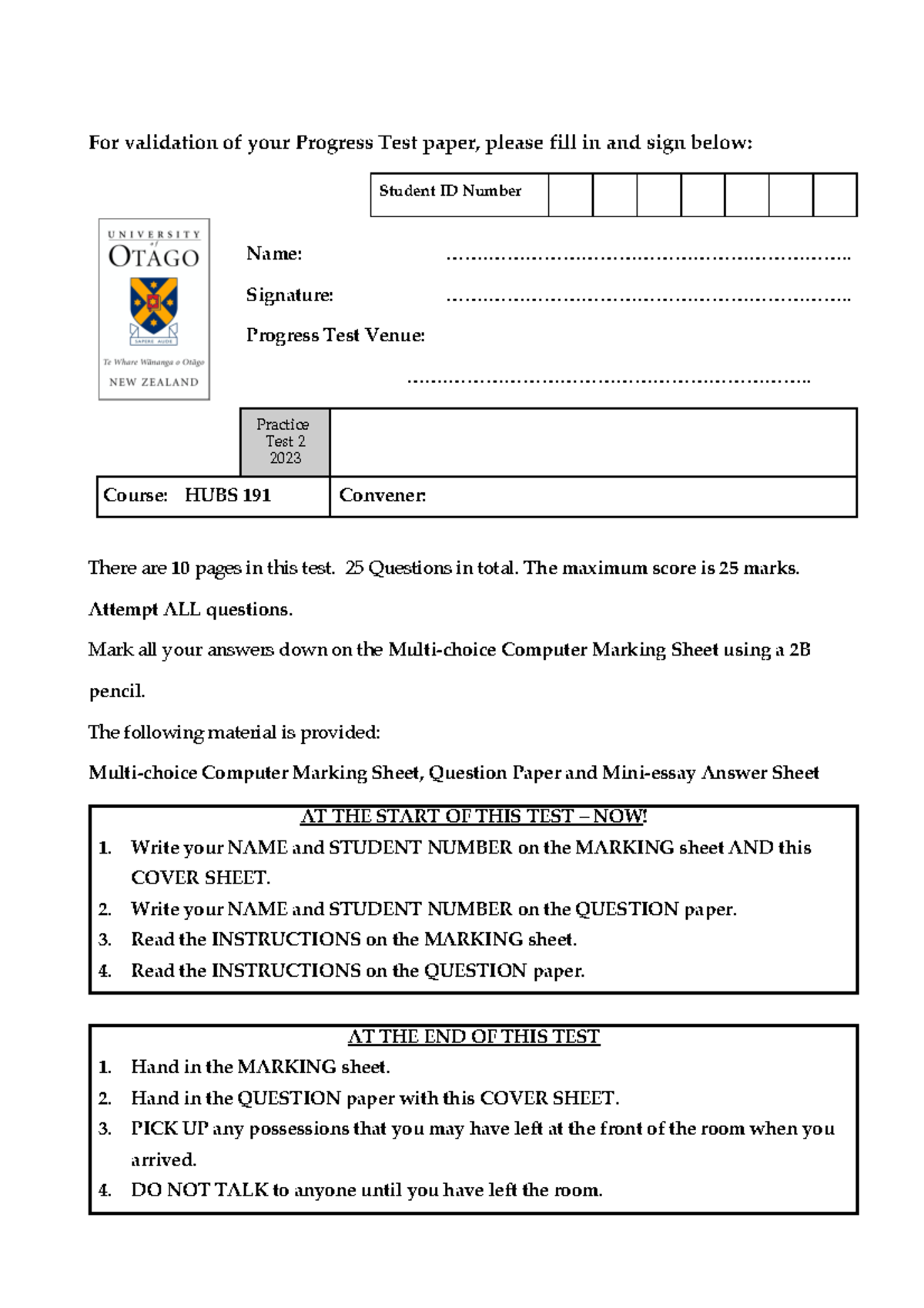 HUBS191 2023 Practice Progress Test 2 NR PK - For validation of your ...