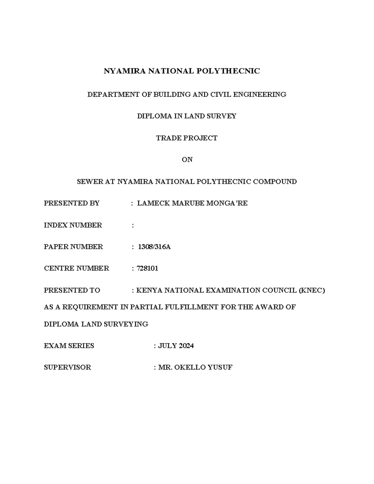 Sewer Project( Lameck Marube) 052357 - NYAMIRA NATIONAL POLYTHECNIC ...
