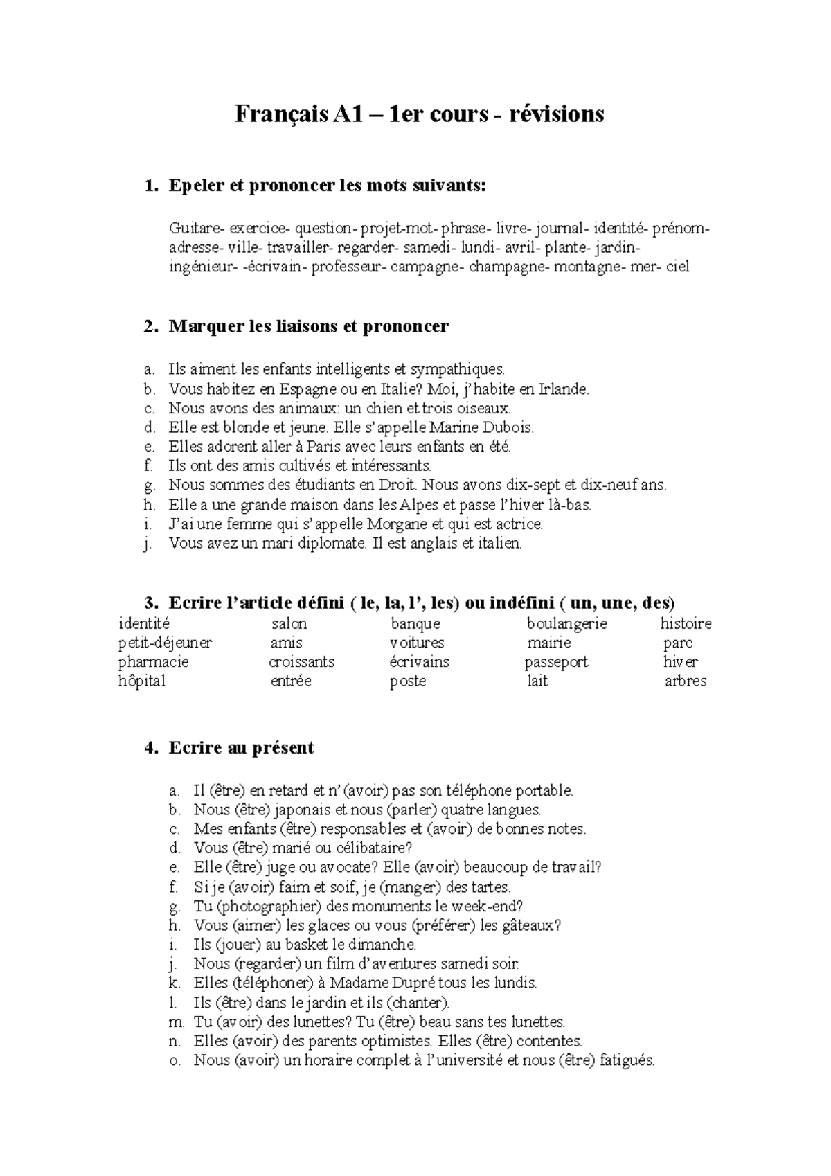 Révisions 1er cours A1 - Apuntes 1 - Français A1 – 1er cours ...