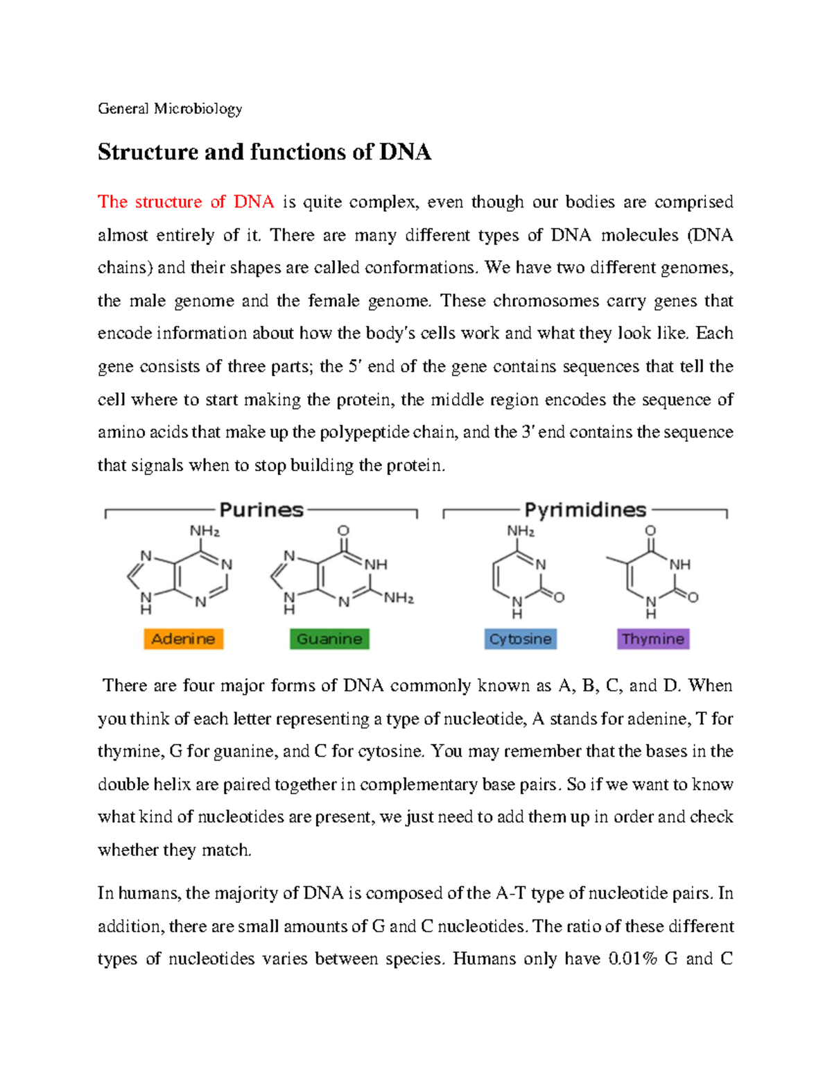 Structure and functions of DNA - General Microbiology Structure and ...