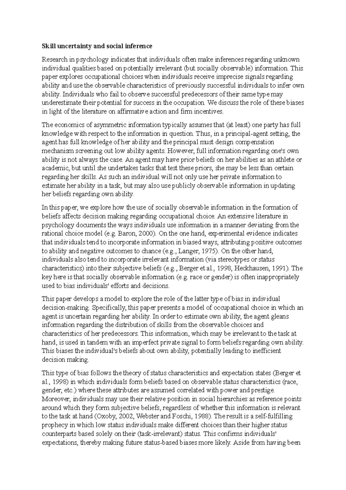 Skill uncertainty and social inference - Skill uncertainty and social ...