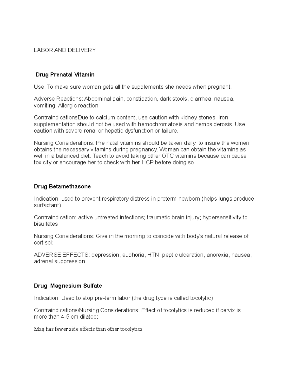 271 Unit 1 Medication List - LABOR AND DELIVERY Drug Prenatal Vitamin ...