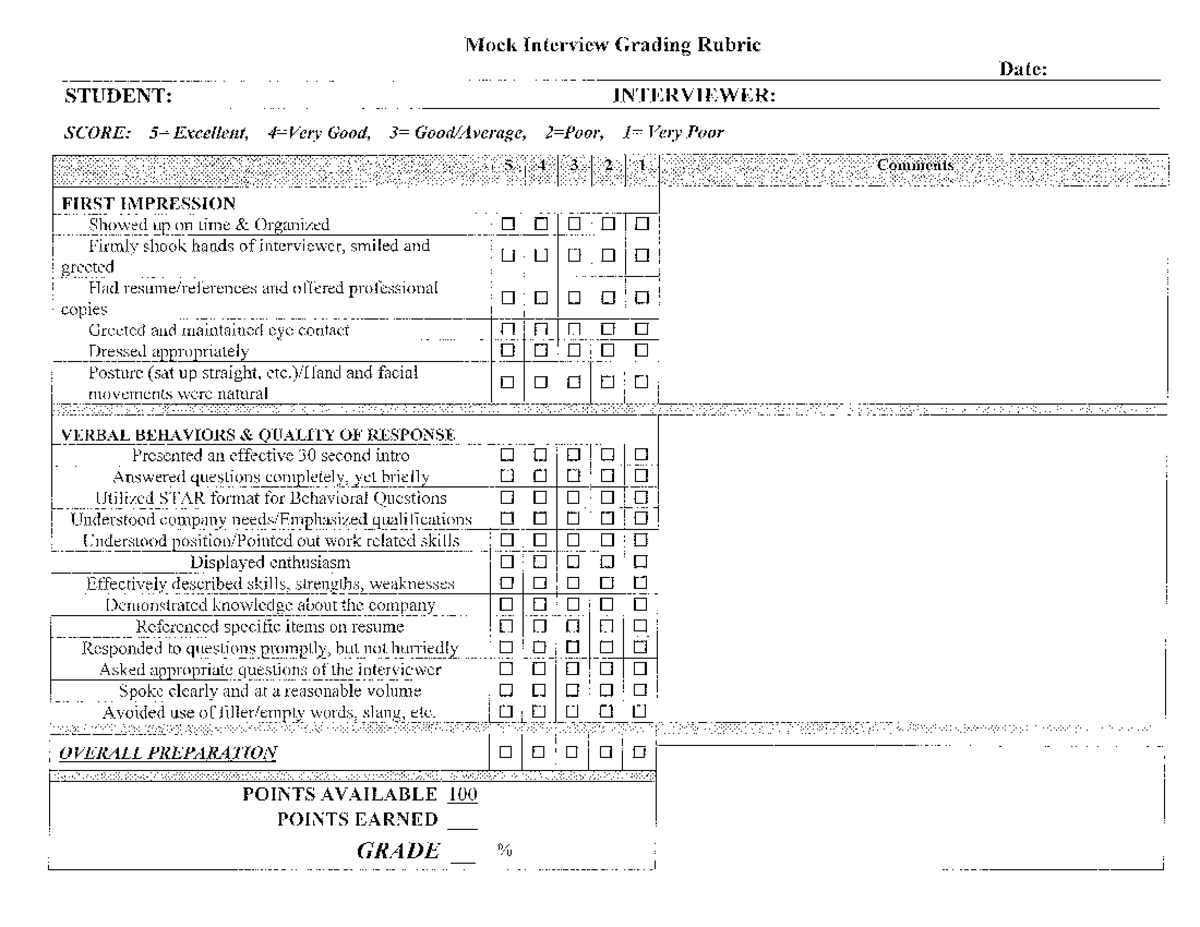 Mock Job Interview Grading Rubric - Mock Interview Grading Rubric Date ...