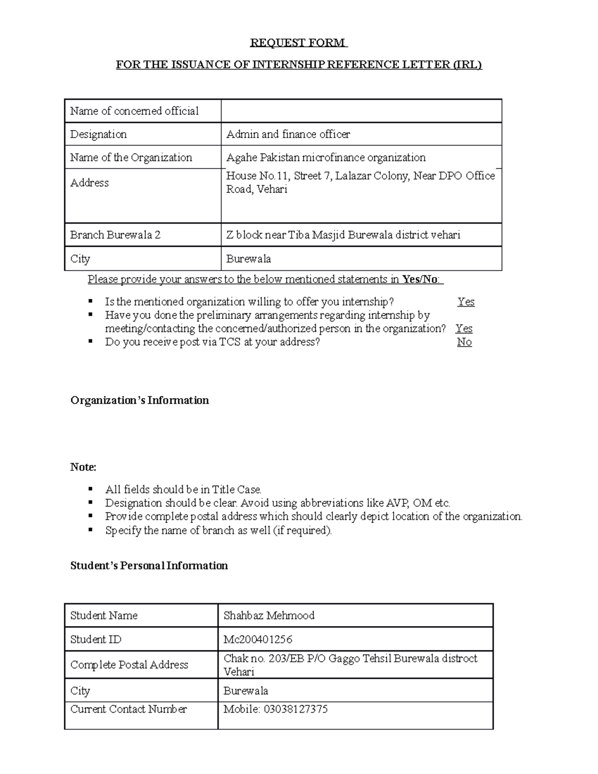 Document - Complete idea - REQUEST FORM FOR THE ISSUANCE OF INTERNSHIP ...