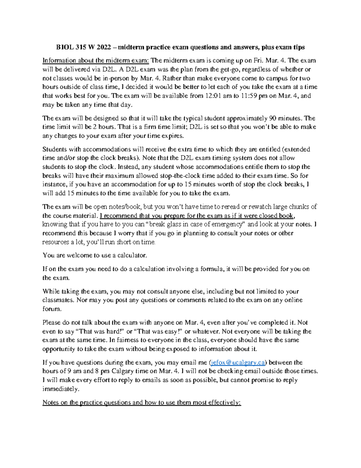 BIOL 315 W 2022 - midterm practice questions and answers - BIOL 315 - UCalgary - Studocu