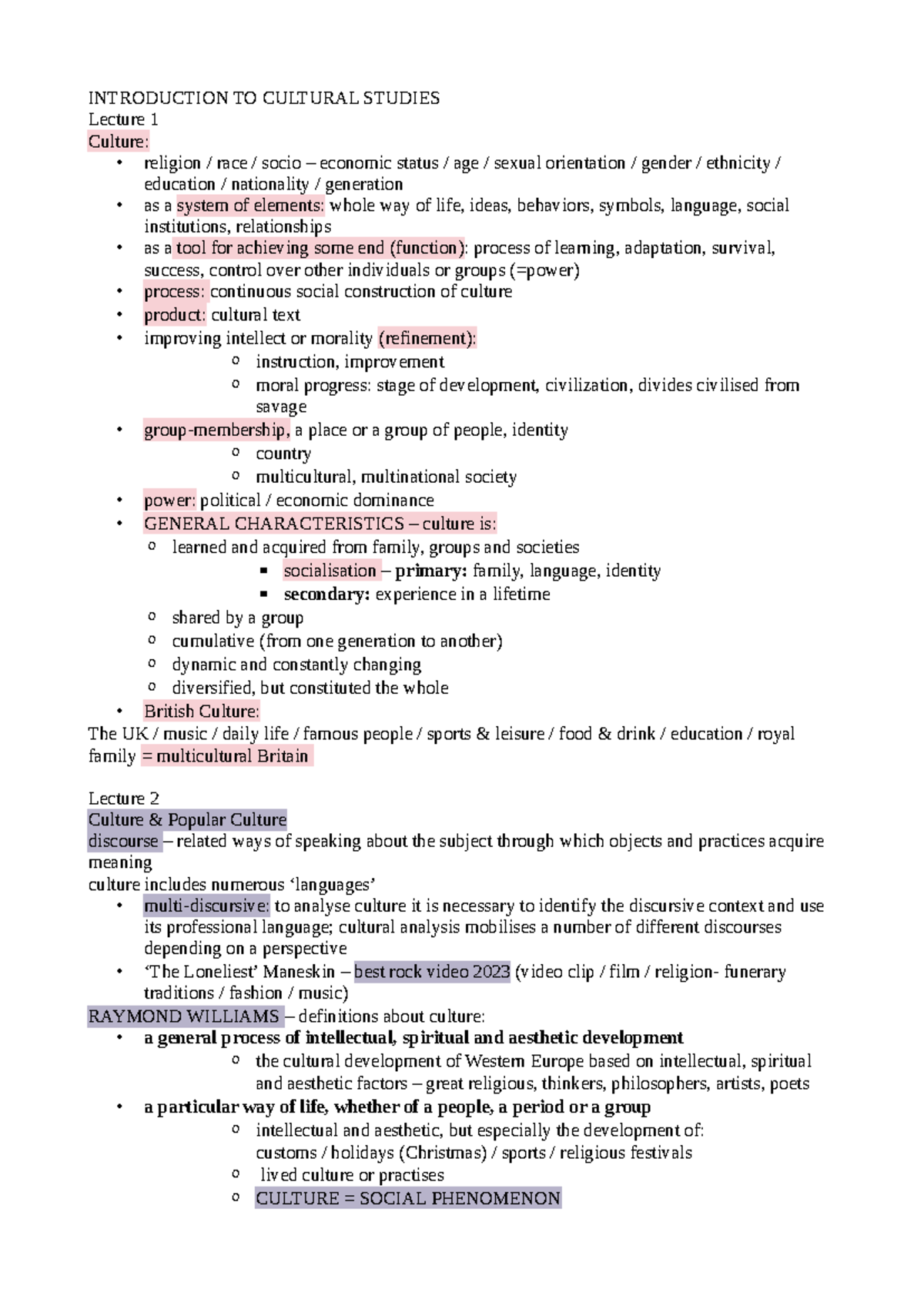 Culture introduction - INTRODUCTION TO CULTURAL STUDIES Lecture 1 ...