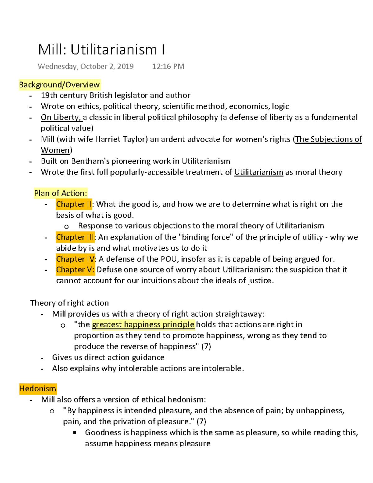 Mill: Utilitarianism I with Highlighted Important Text and In-Text ...
