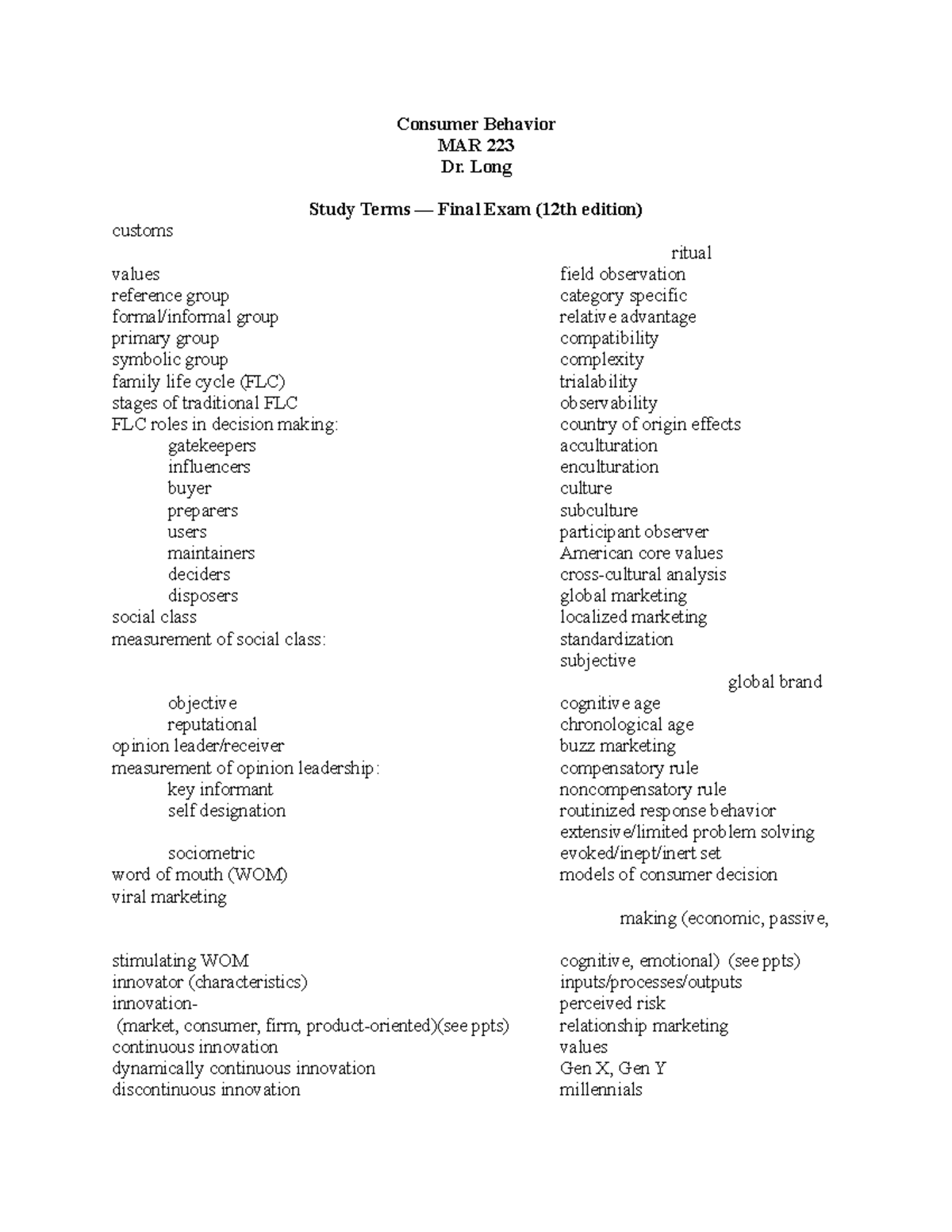 CB Study terms Final 12th edition-2 - Consumer Behavior MAR 223 Dr ...