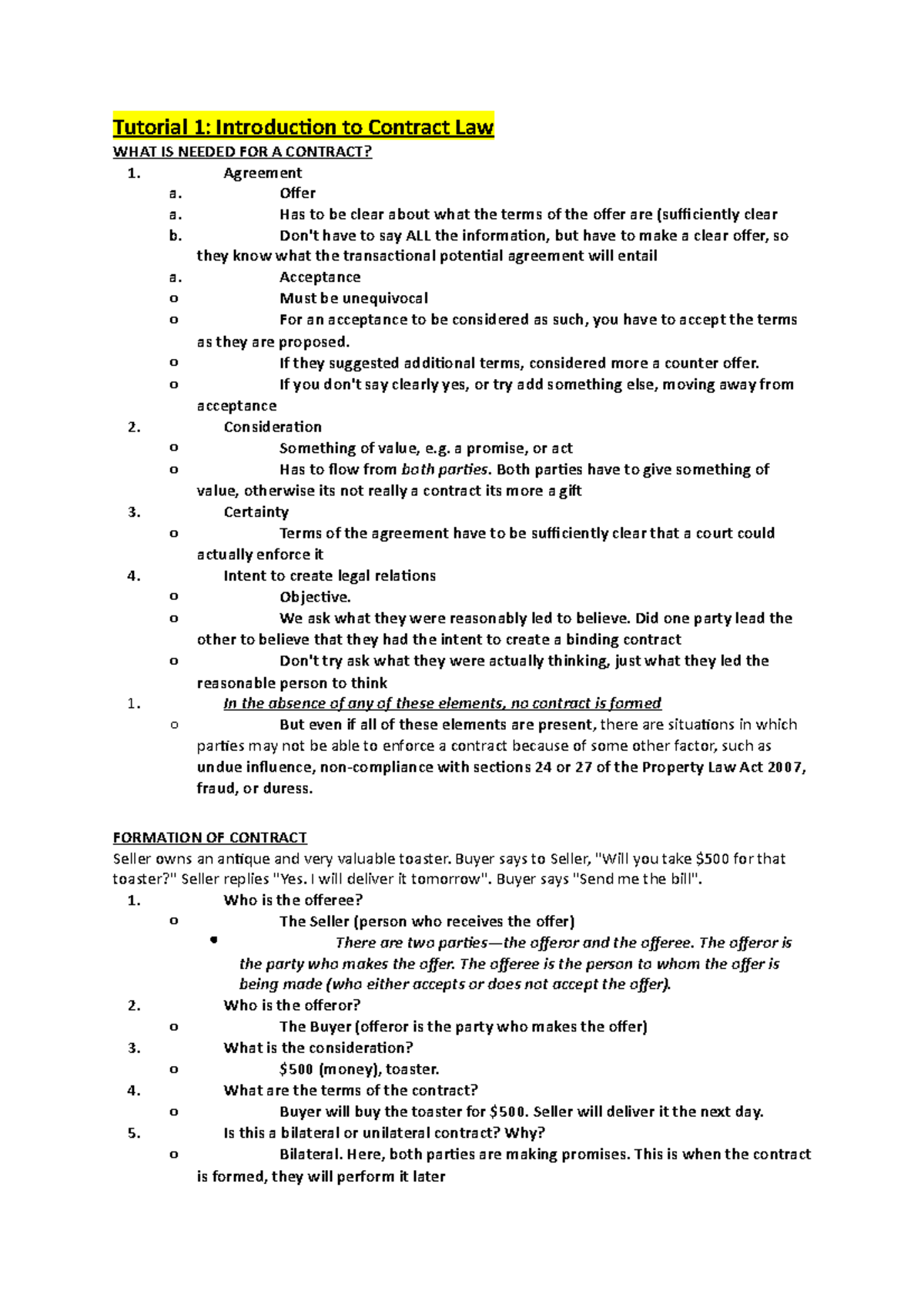 Prebble tuts 1-4 - Tutorial 1: Introduction to Contract Law WHAT IS NEEDED FOR A CONTRACT ...
