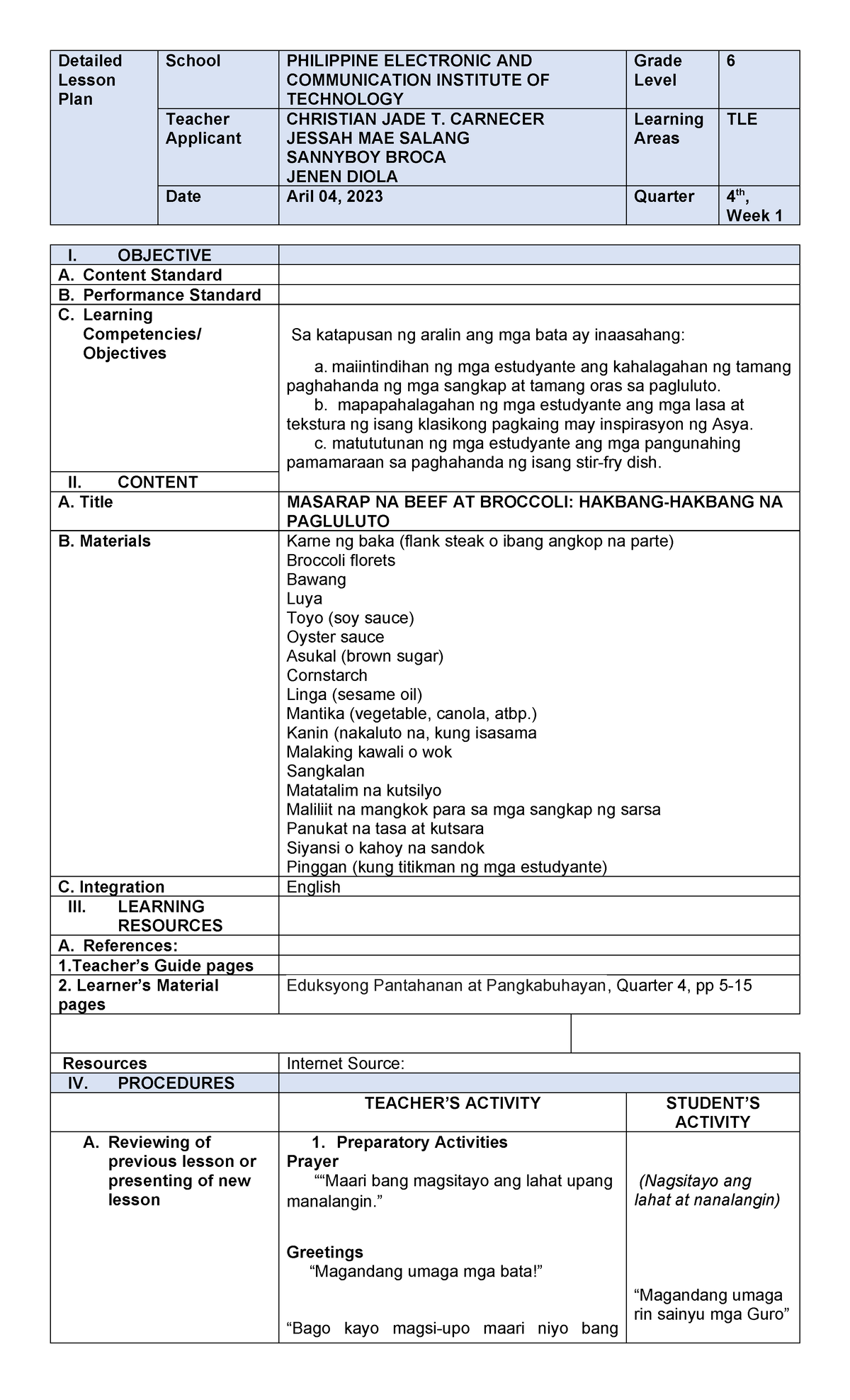 TLE LP April 1 - Detailed Lesson Plan School PHILIPPINE ELECTRONIC AND COMMUNICATION INSTITUTE ...