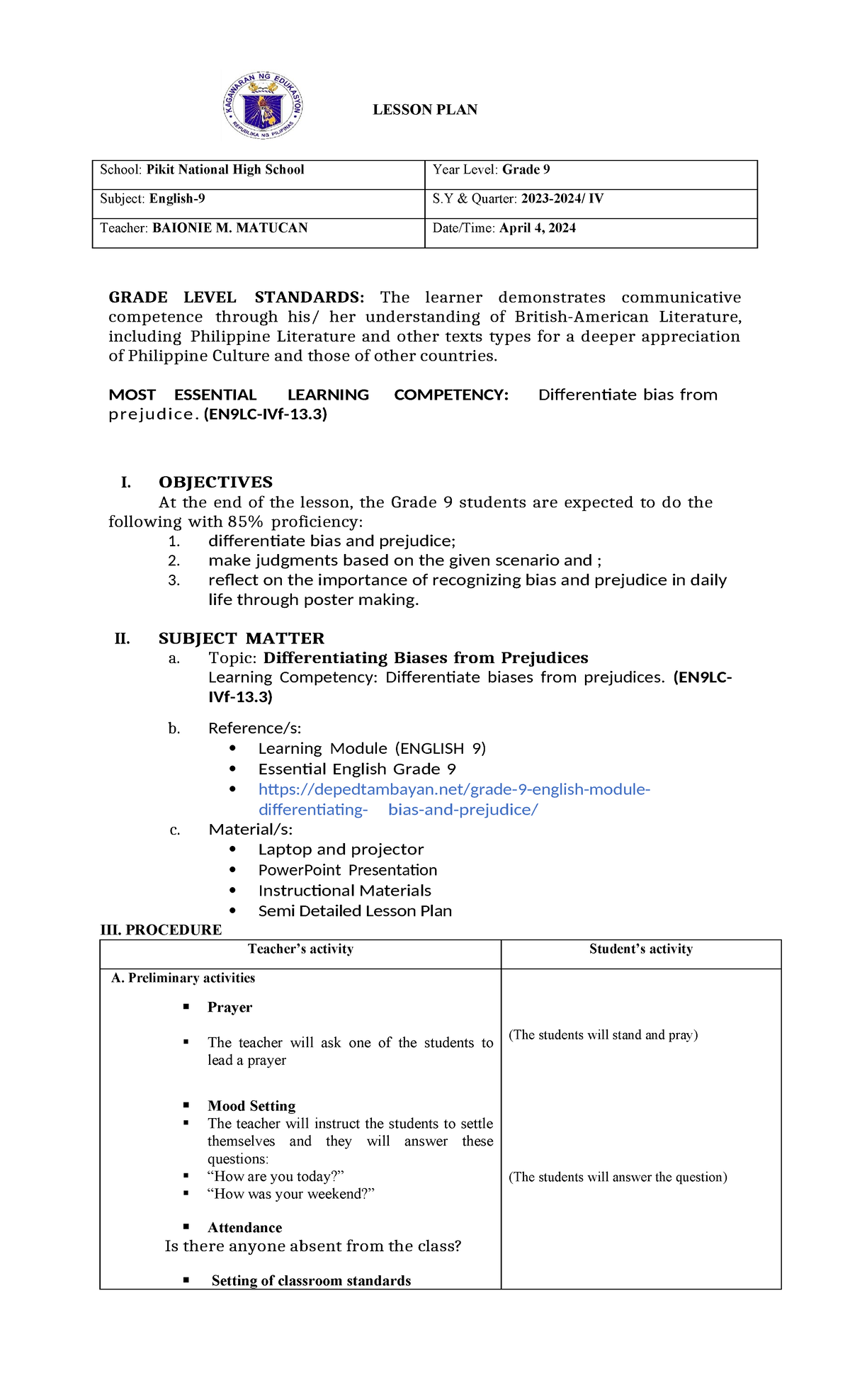 Lesson-Plan - LESSON PLAN School: Pikit National High School Year Level ...