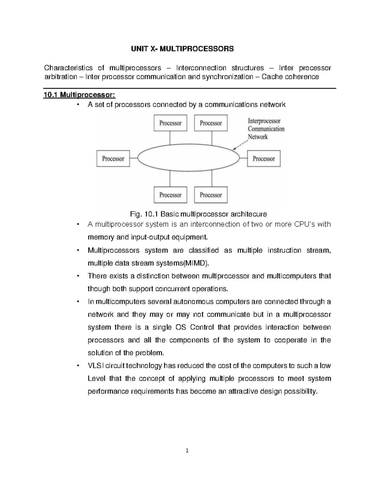 Unit 10-Multiprocessors - UNIT X- MULTIPROCESSORS Characteristics of ...