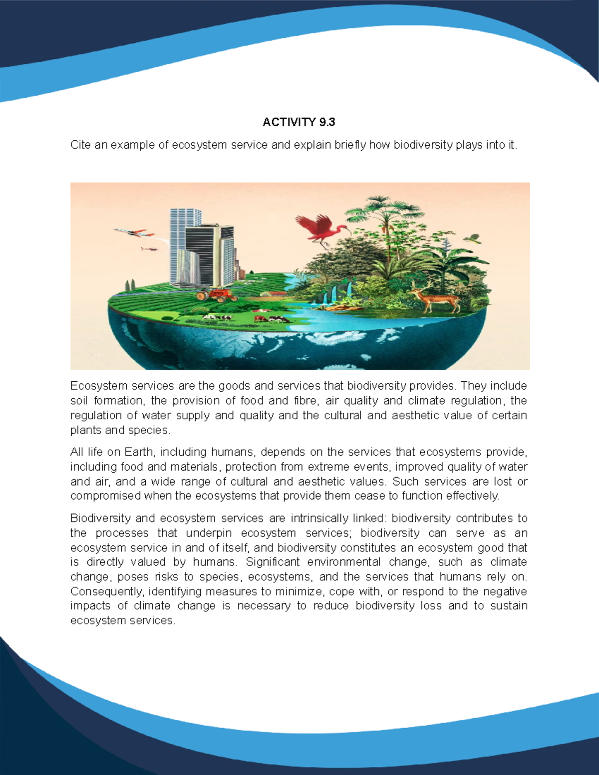 Ecosystem and Biodiversity - ACTIVITY 9. Cite an example of ecosystem ...