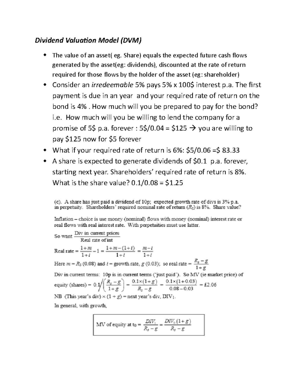 6 - Lecture notes 6&7 - Dividend Valuaion Model (DVM) The value of an ...