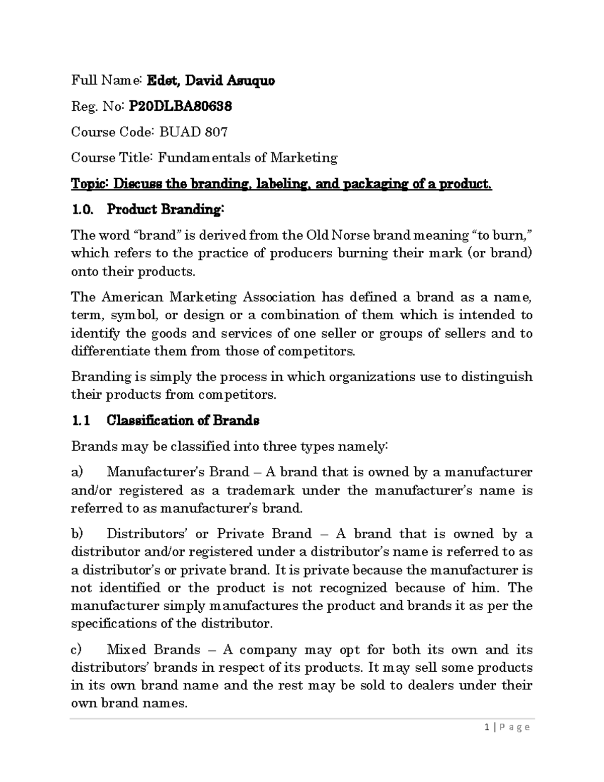 BUAD 807 Assignment - EDET, David Asuquo - 1 | P a g e Full Name: Edet ...