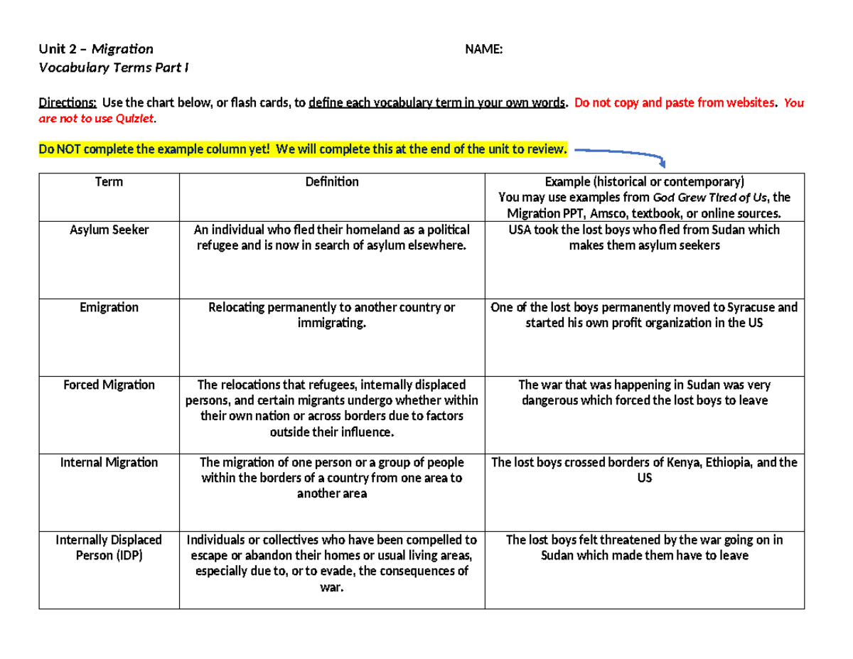 Migration Vocab Part I - yes - Unit 2 – Migration NAME: Vocabulary ...