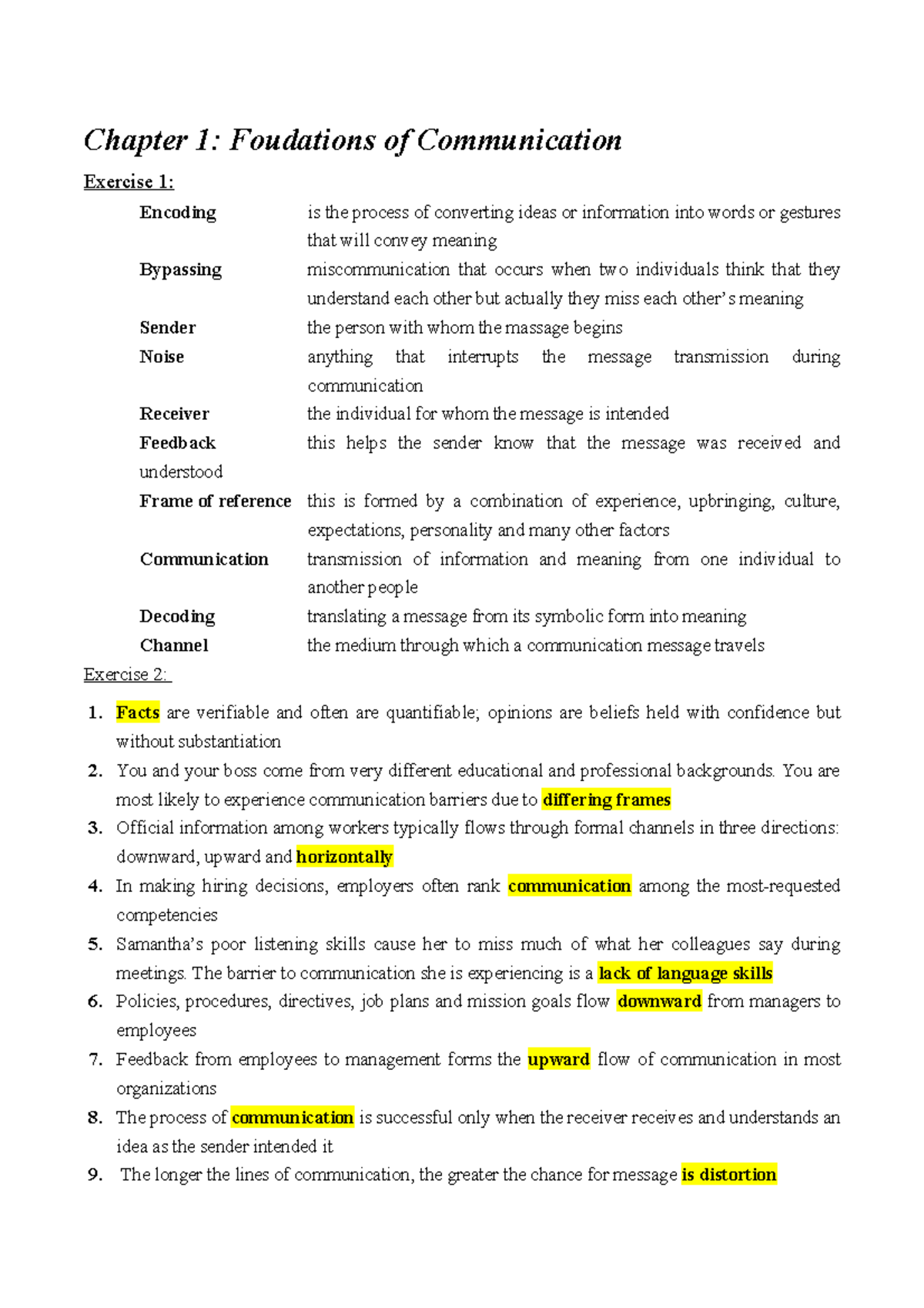 Ghi ba`i - ghi bài - Chapter 1: Foudations of Communication Exercise 1: Encoding is the process ...